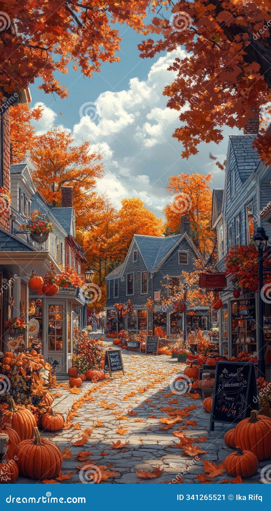 Fall Street Scene Illustration with Cobblestone Street and Pumpkins ...