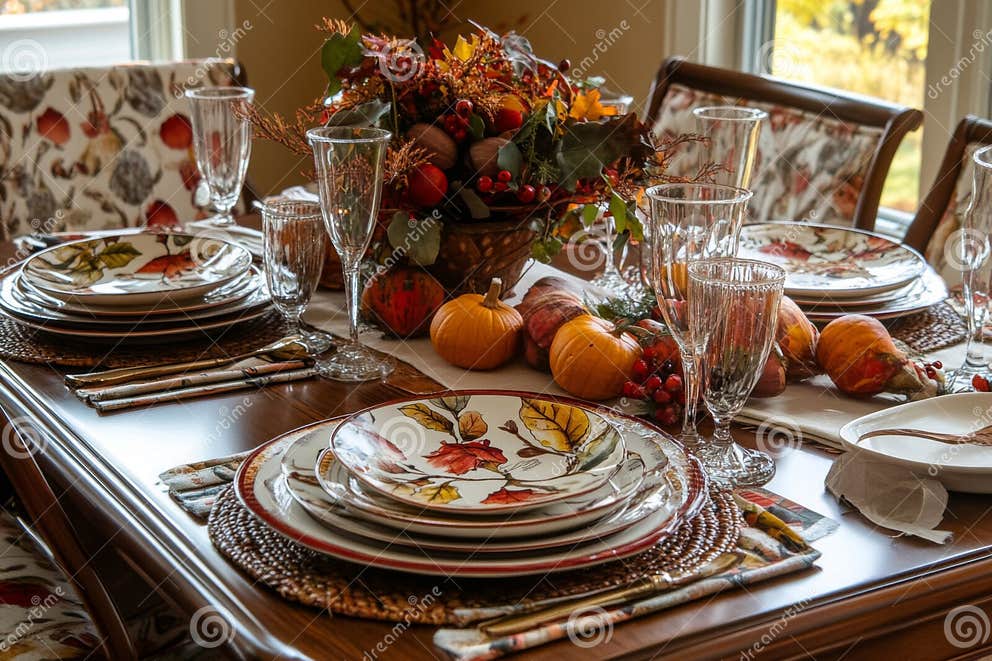 Fall-themed Table Setting with Pumpkins and Floral Plates Stock ...