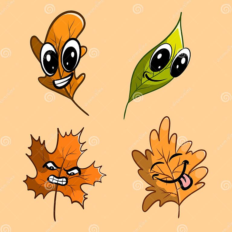Smiley, Angry, Funny, and Happy Fall Autumn Leaves Emote. Stock ...