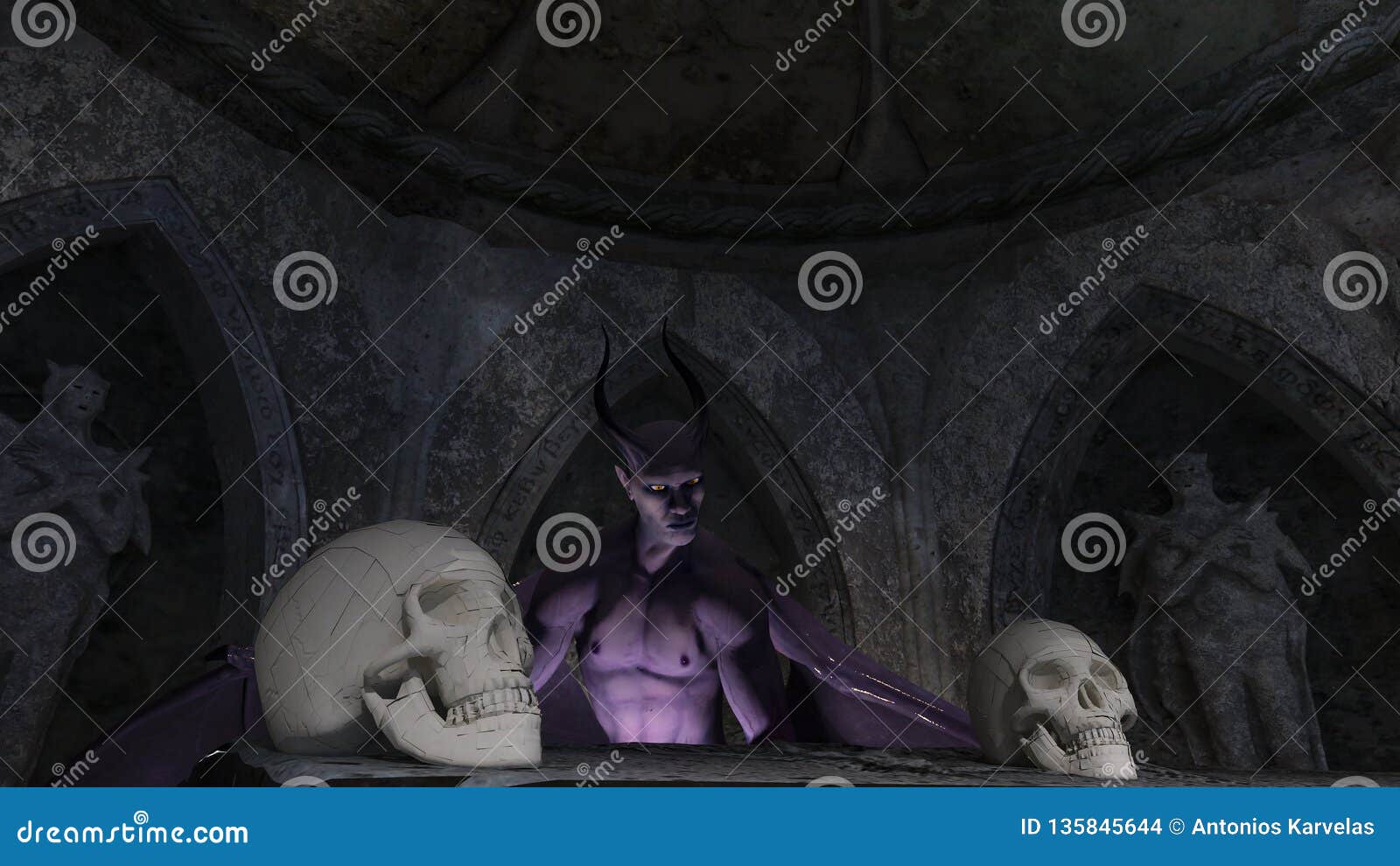 Fallen Angel Satan in a Crypt with Skulls Stock Illustration ...