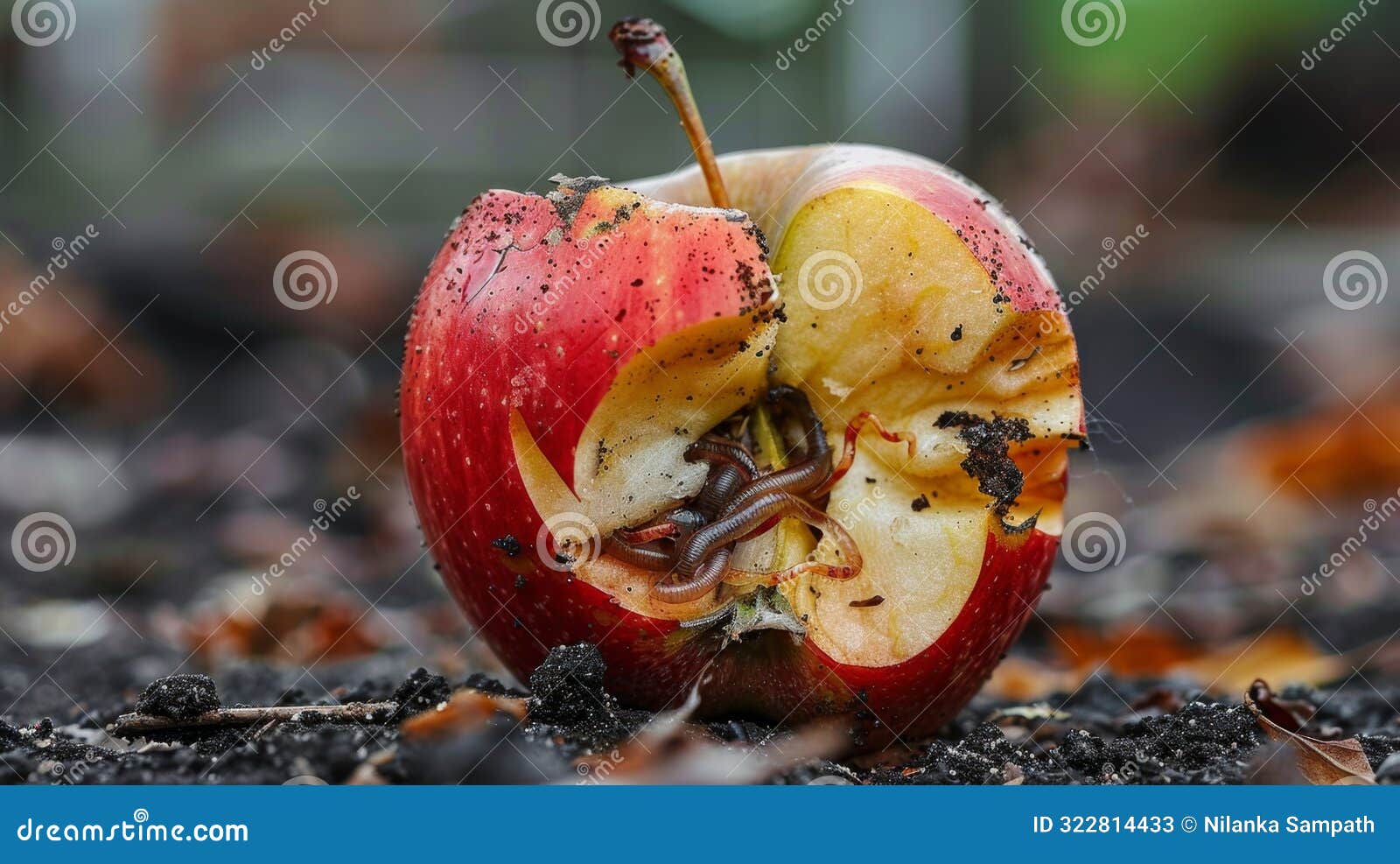 A Fallen Apple Decomposing on the Ground with Worms Crawling on it ...