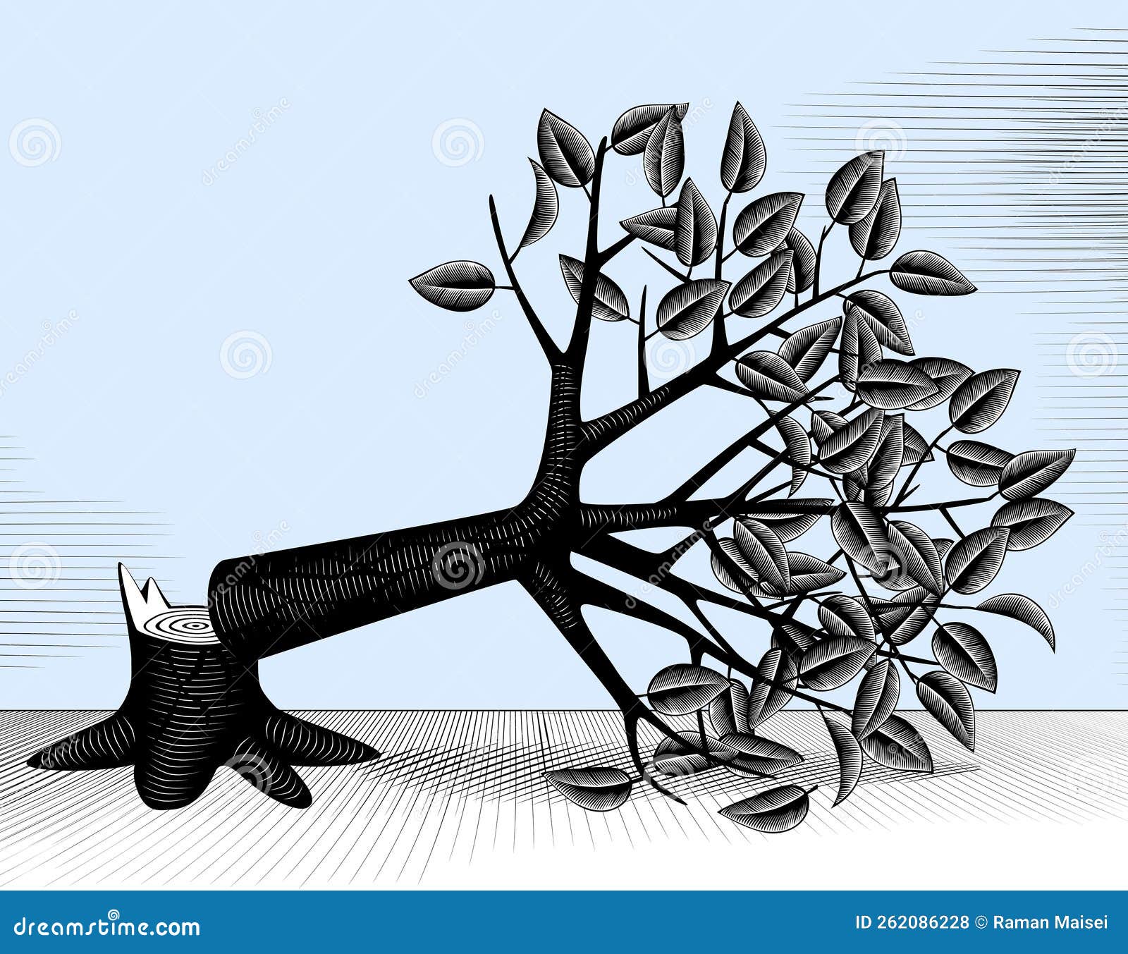 Fallen Cut Down Tree with Foliage and Stump Stock Vector - Illustration ...