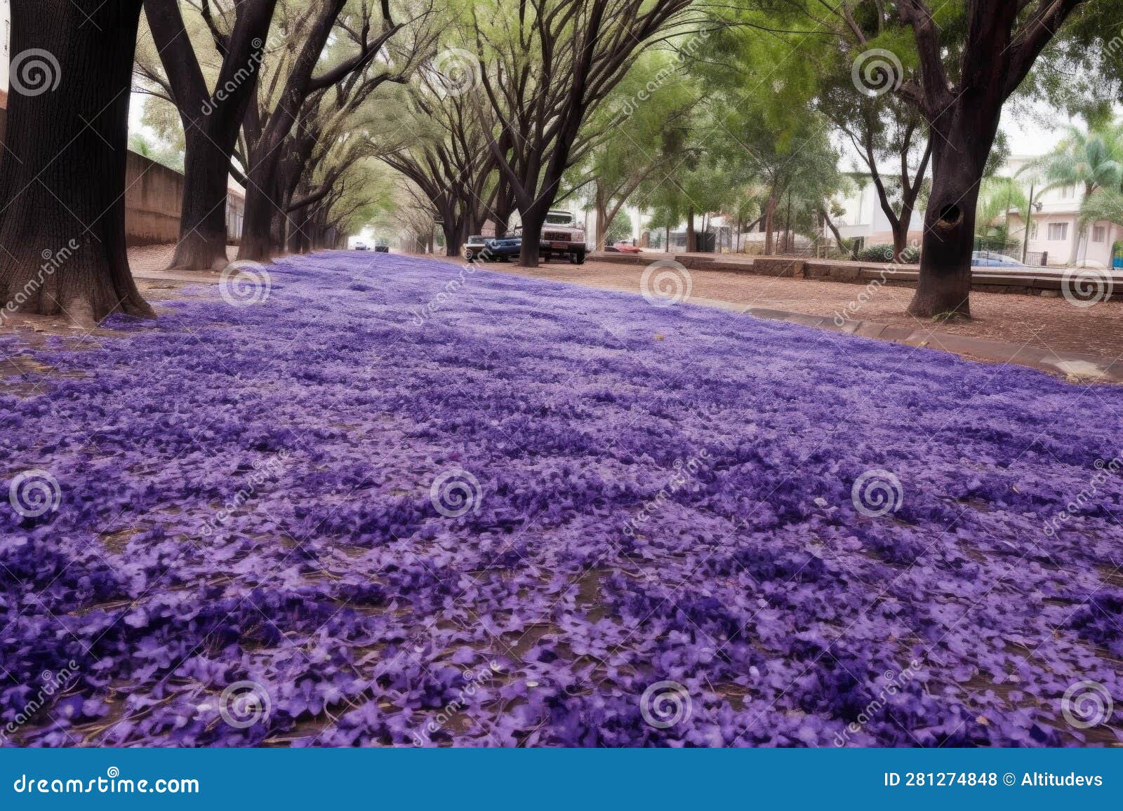 Fallen Jacaranda Flowers Creating a Purple Carpet on the Ground Stock ...