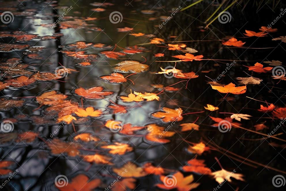 Fallen Leaves Floating on Puddle Surface Stock Photo - Image of ...