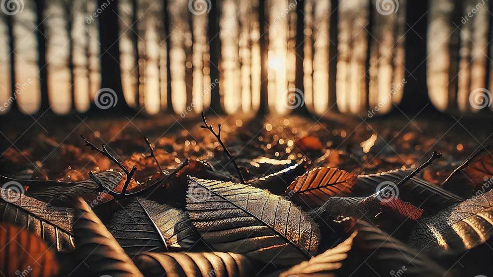 Fallen Leaves on the Ground, with Tree Silhouettes in the Background ...