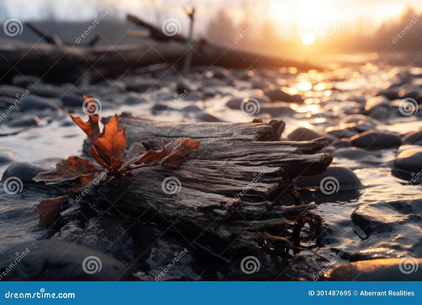 A Fallen Log in the Water with the Sun Setting Behind it Stock ...