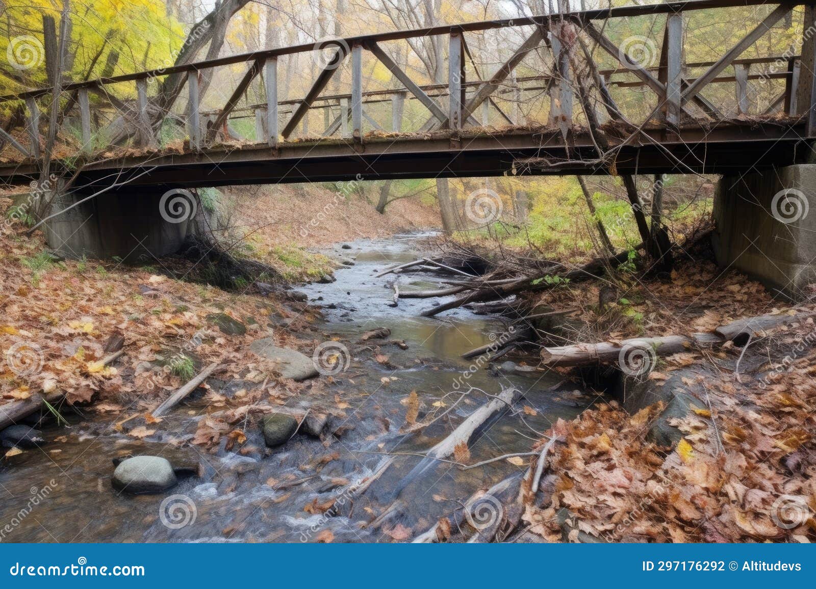 A Fallen Pedestrian Bridge Over a Small Stream Stock Photo - Image of ...