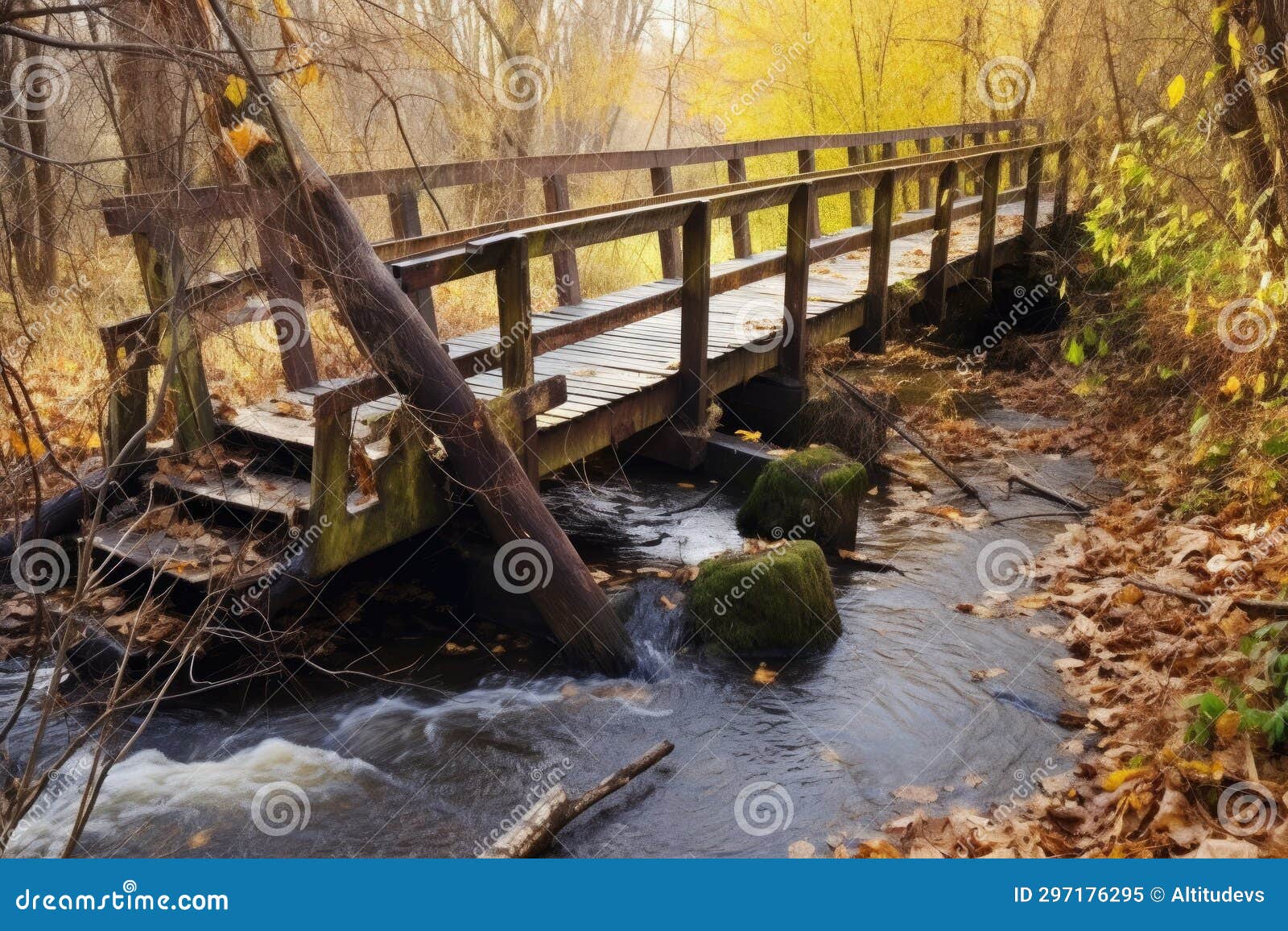 A Fallen Pedestrian Bridge Over a Small Stream Stock Image - Image of ...