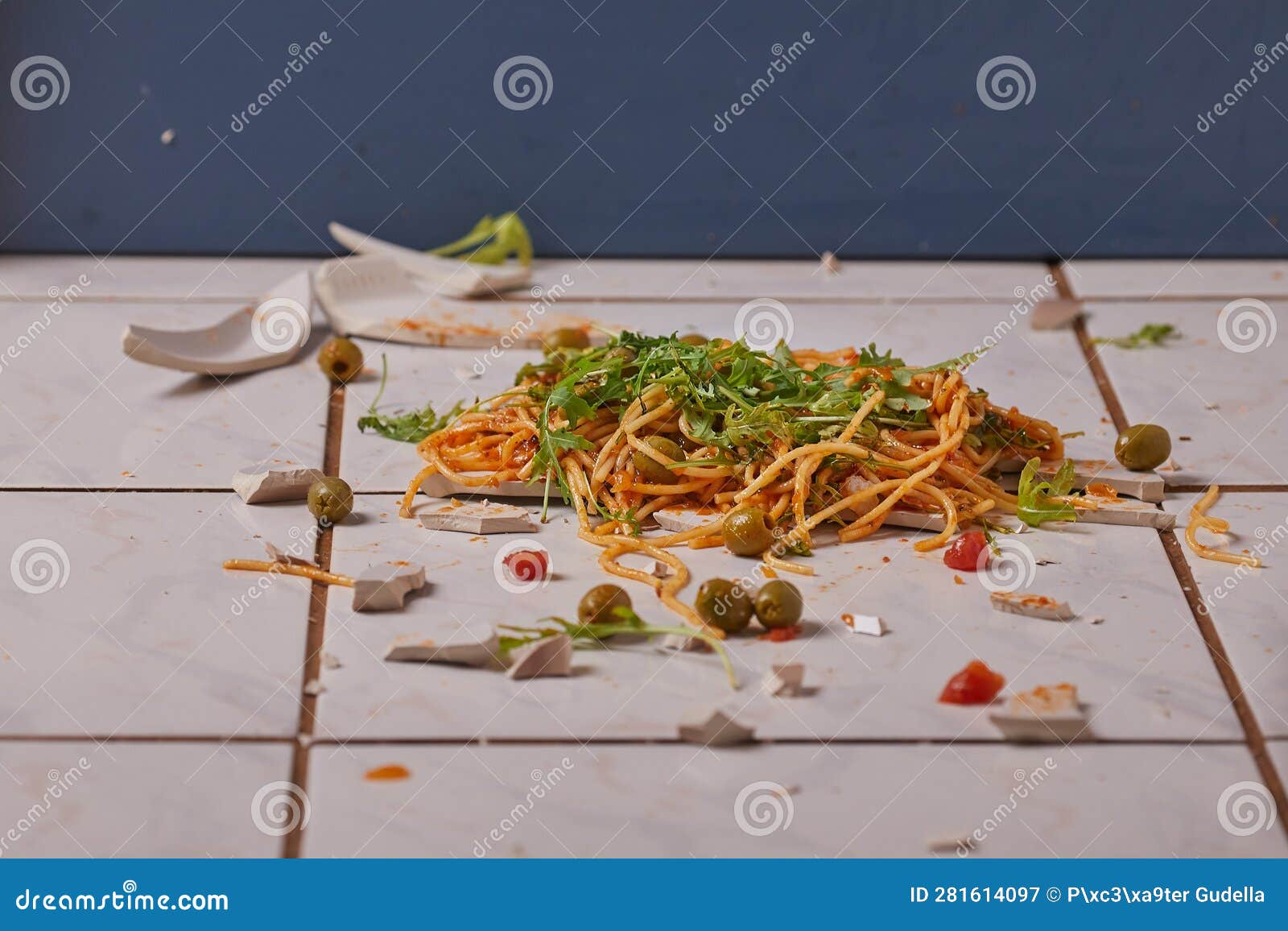 Fallen Plate of Pasta in the Kitchen Floor Stock Image - Image of spoil ...