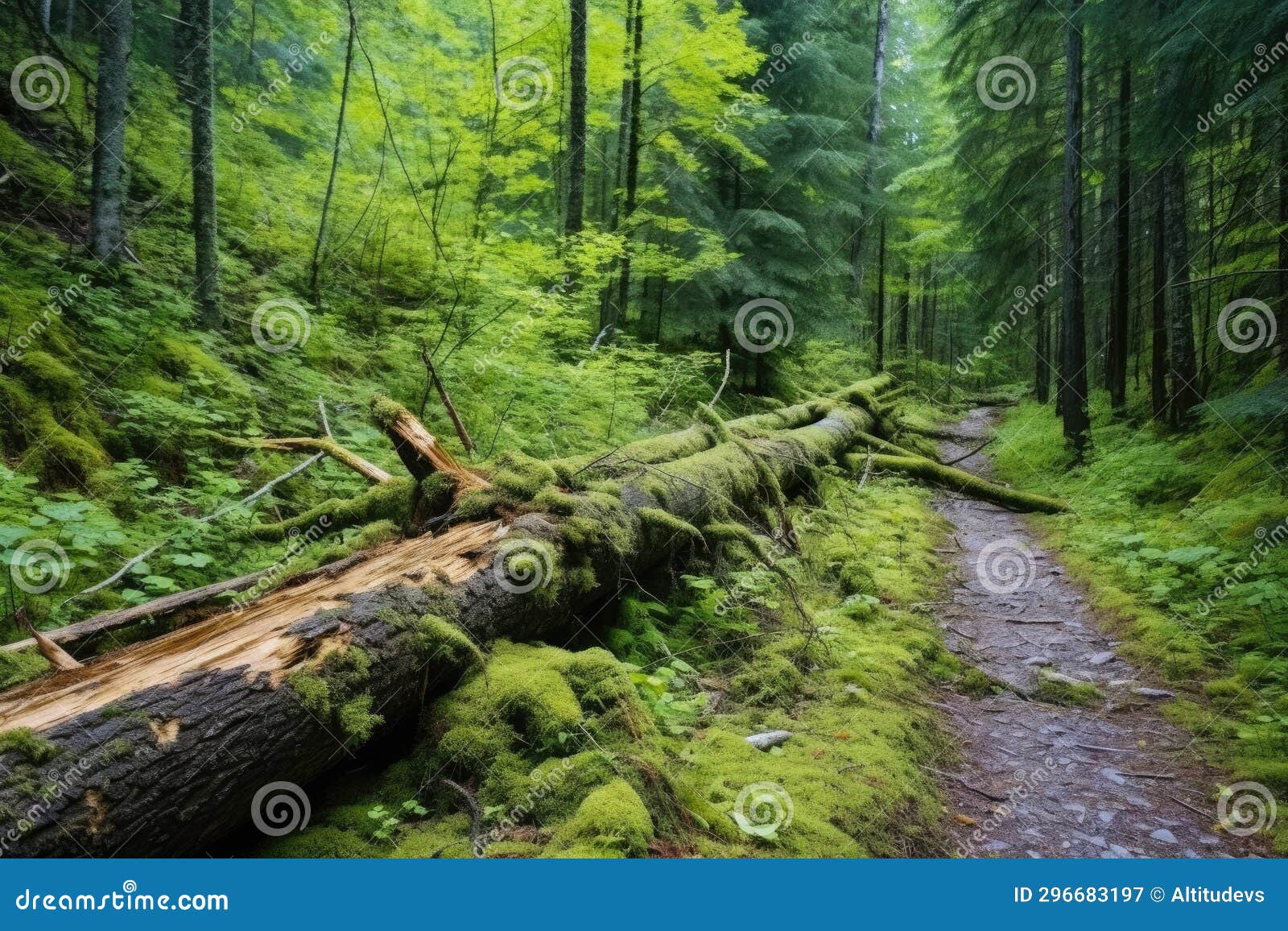 A Fallen Tree Across a Path in a Deep Forest Stock Illustration ...