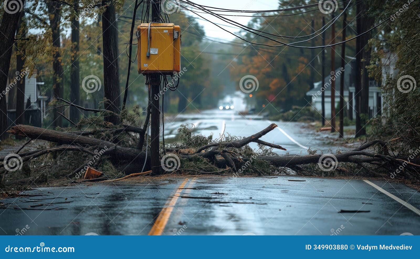 Fallen Tree Blocks Road after Hurricane. Power Lines Tangled on Utility ...