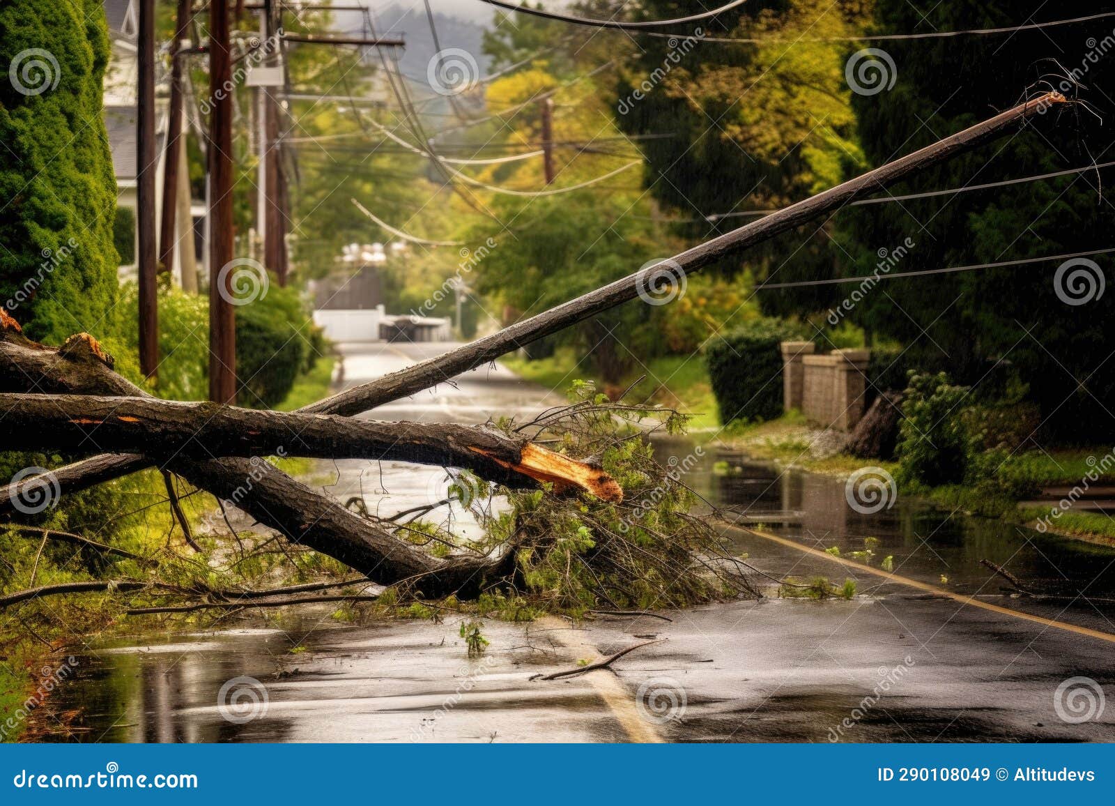 Fallen Tree Branch Entangled with Power Lines Post-storm Stock Image ...
