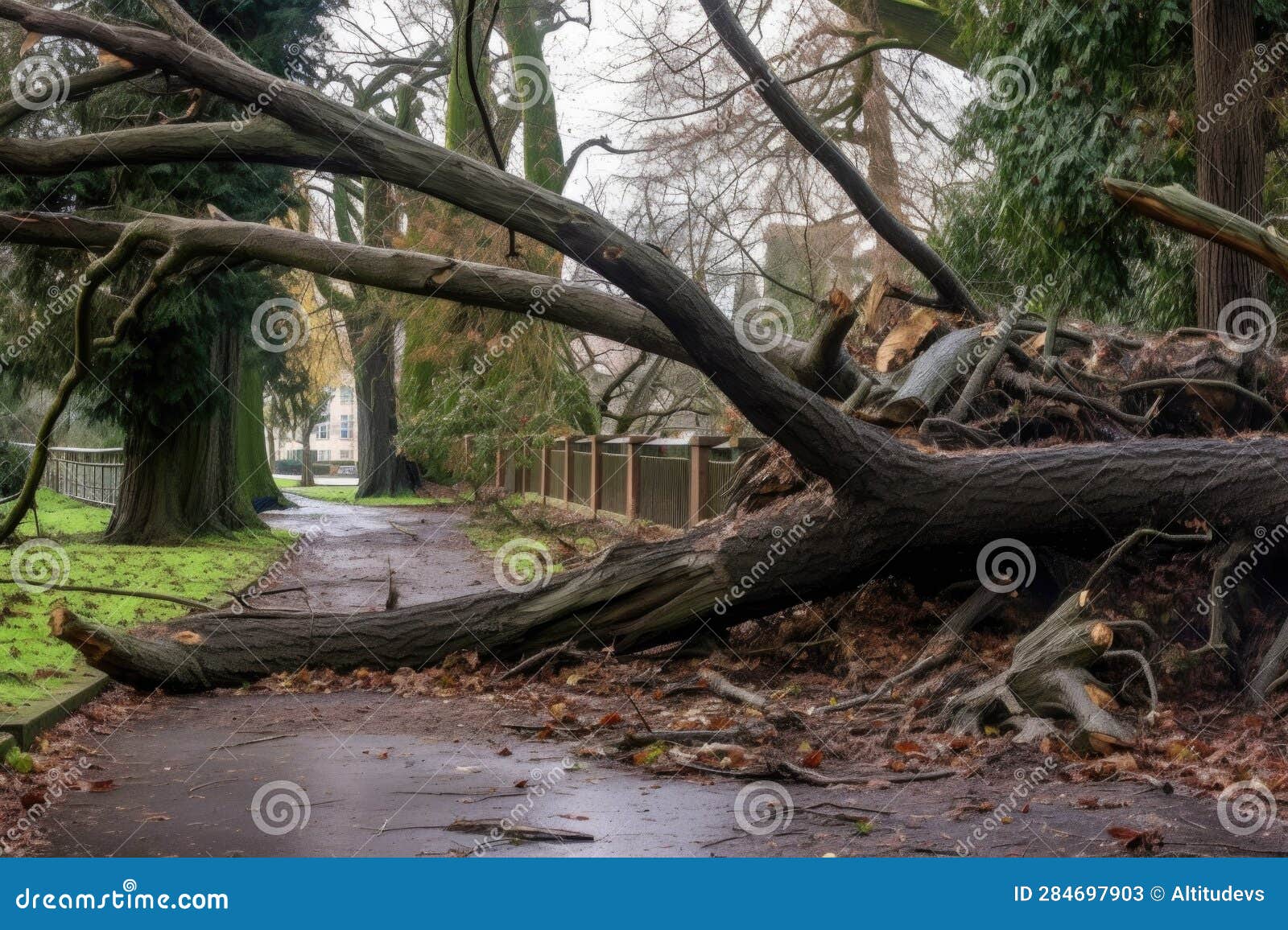 Fallen Tree Branches Scattered Across a Park Pathway Stock Illustration ...