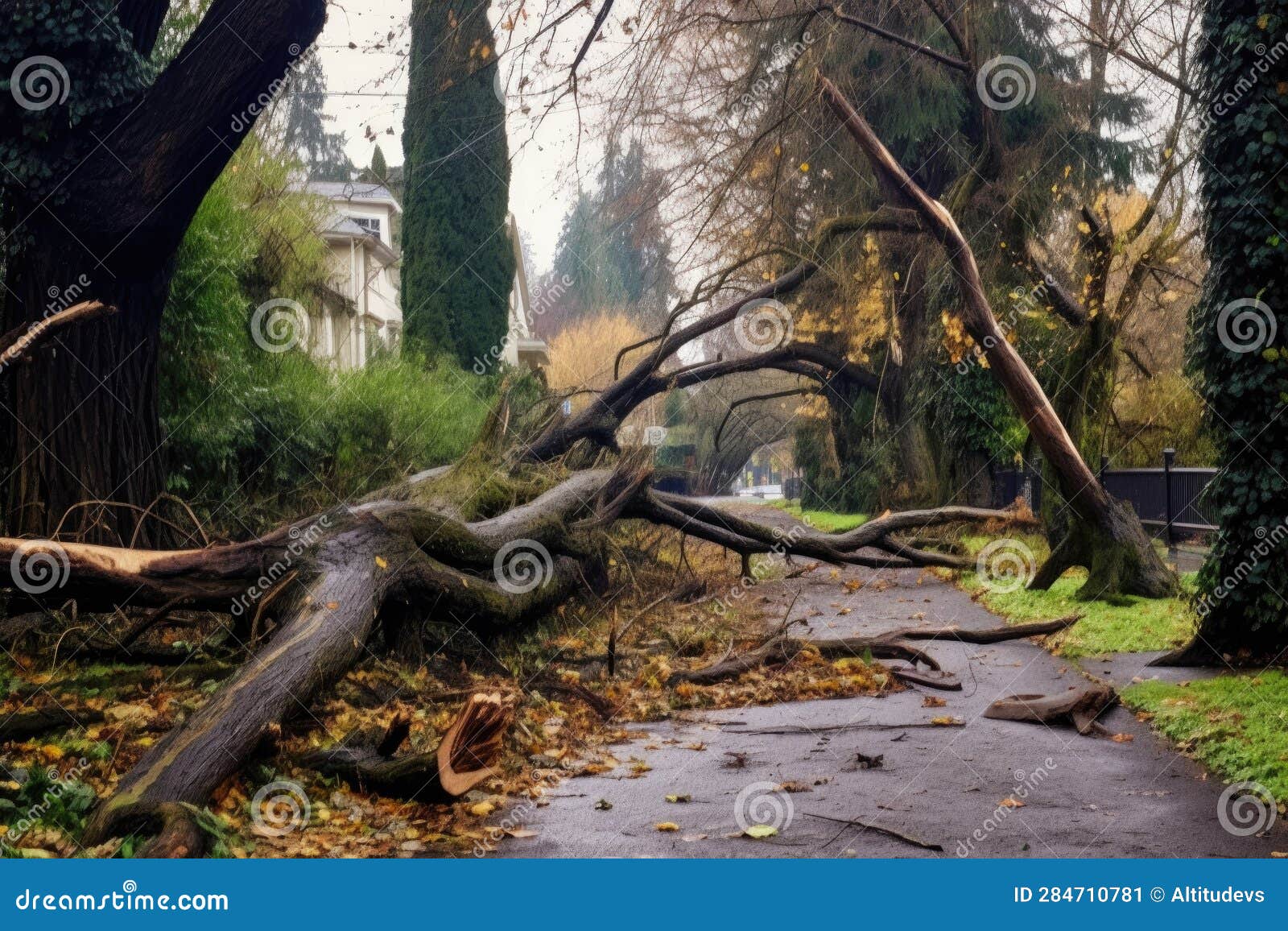 Fallen Tree Branches Scattered Across a Park Pathway Stock Illustration ...