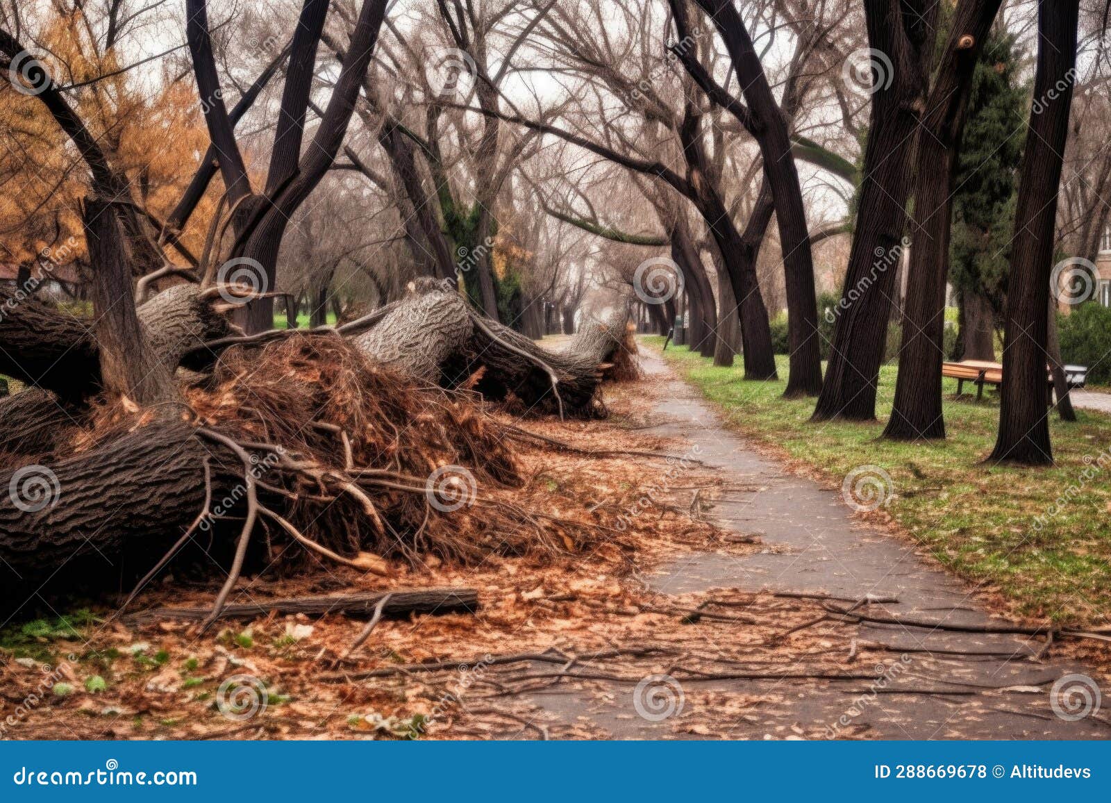 Fallen Tree Branches Scattered Across a Park Pathway Stock Photo ...