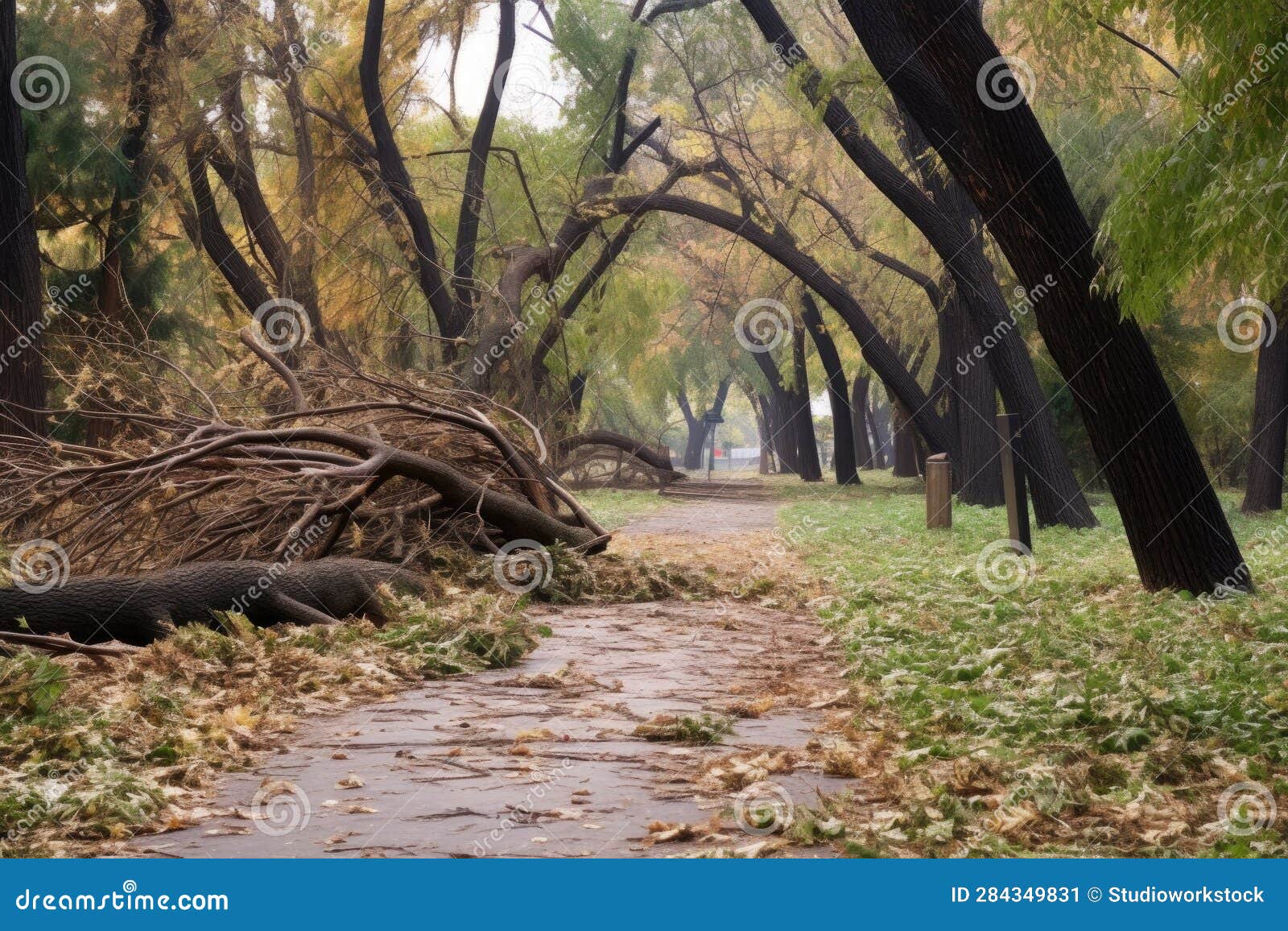 Fallen Tree Branches Scattered on Park Pathway Stock Illustration ...