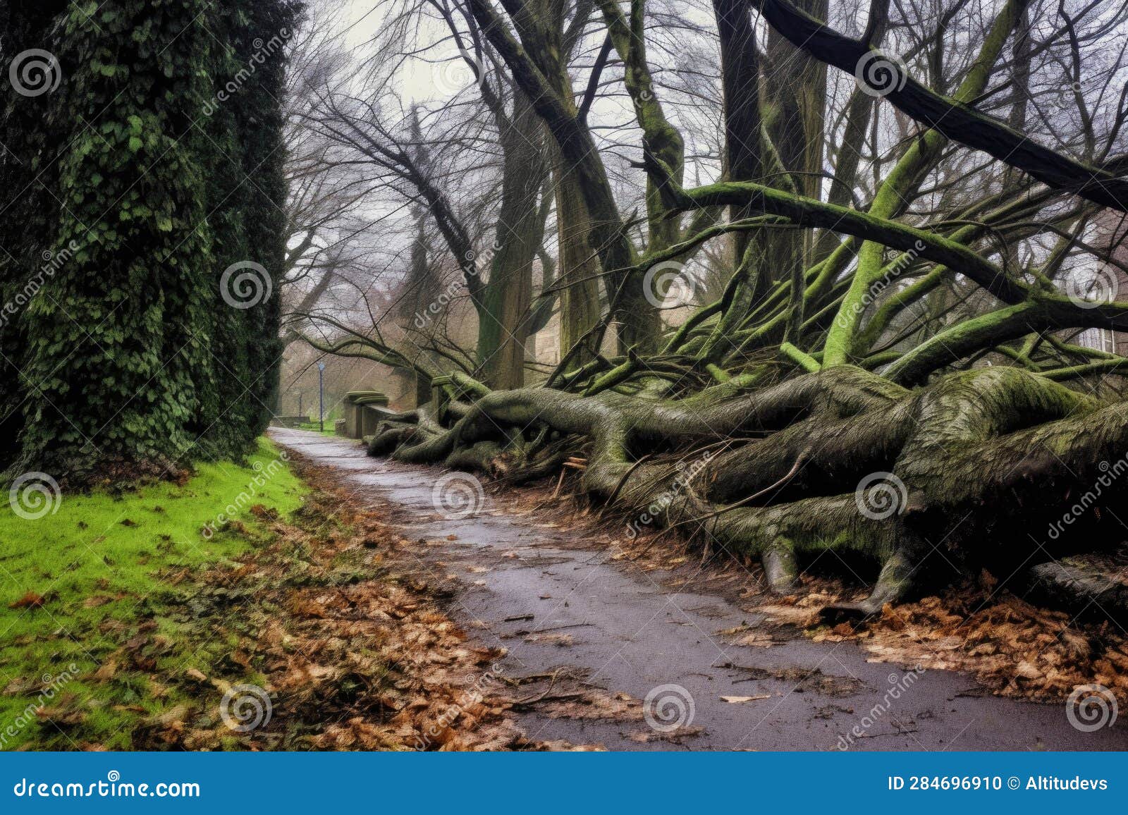 Fallen Tree Branches Scattered on Park Pathway Stock Photo - Image of ...