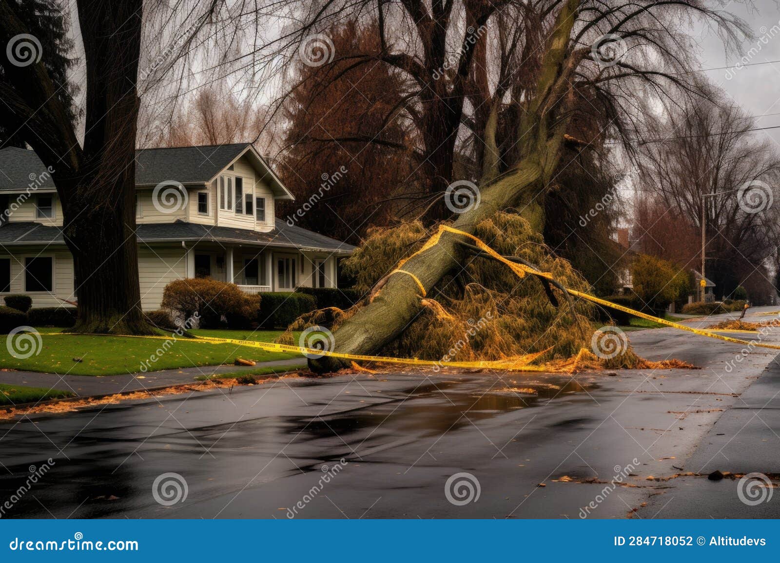Fallen Tree with Caution Tape Wrapped Around it on a Suburban Street ...