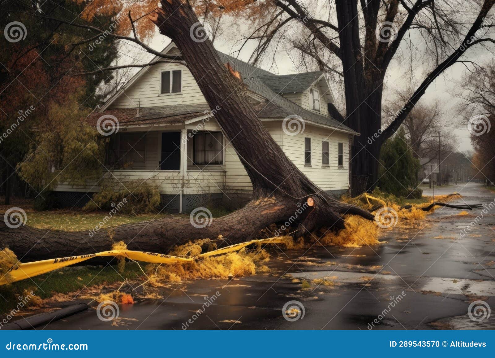 Fallen Tree with Caution Tape Wrapped Around it on a Suburban Street ...