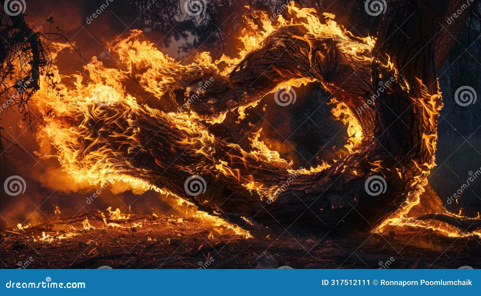 A Fallen Tree Consumed by Flames, Transformed into a Fiery Sculpture in ...