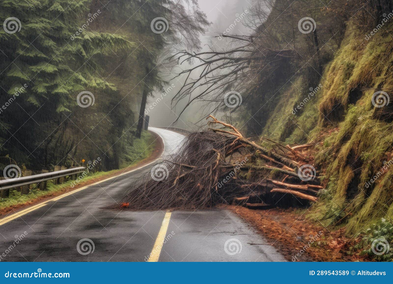 Fallen Tree with Warning Signs on a Mountain Road Stock Image - Image ...
