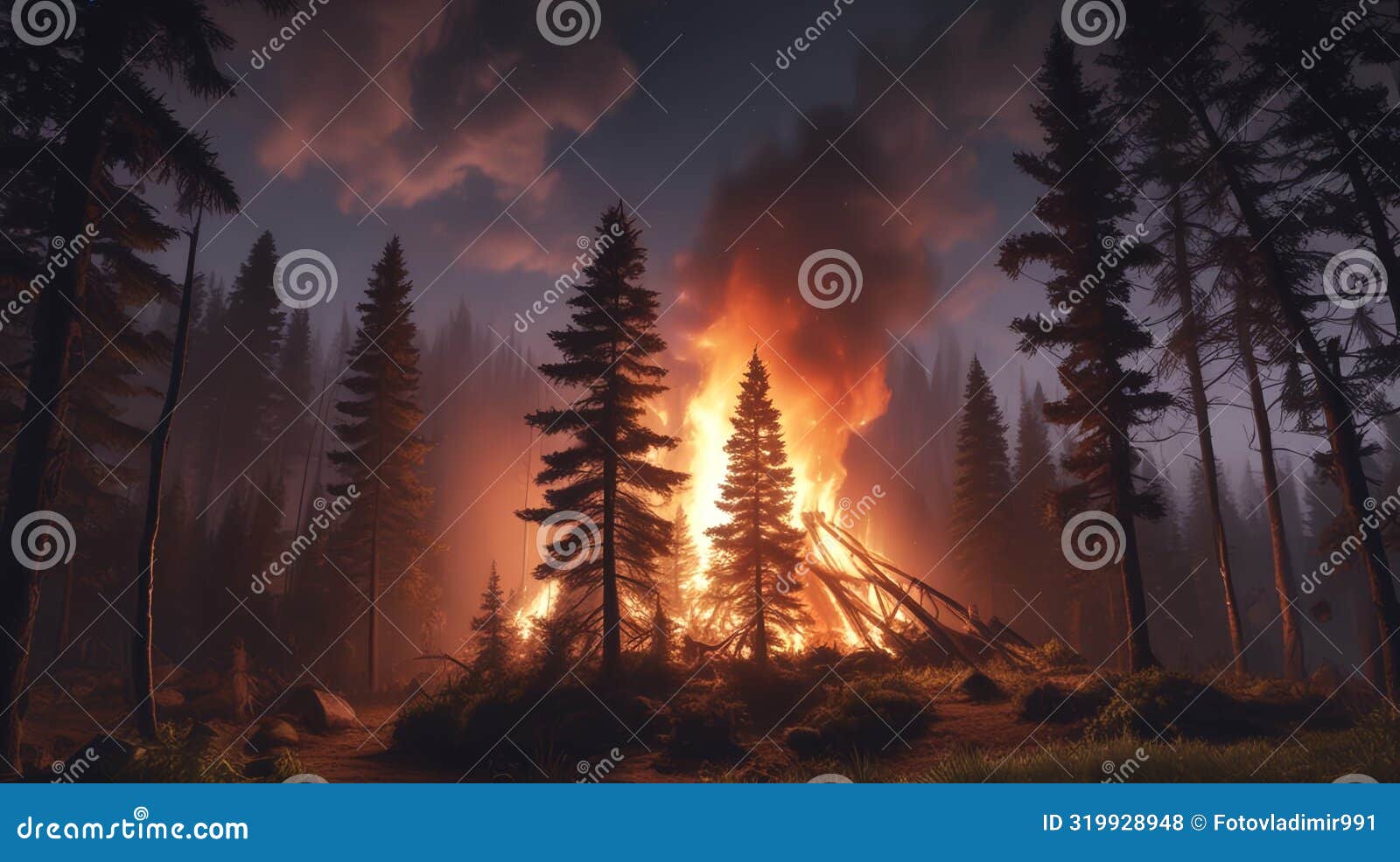 Fallen Trees are Burning in the Evening in the Forest. Risk of Fire ...