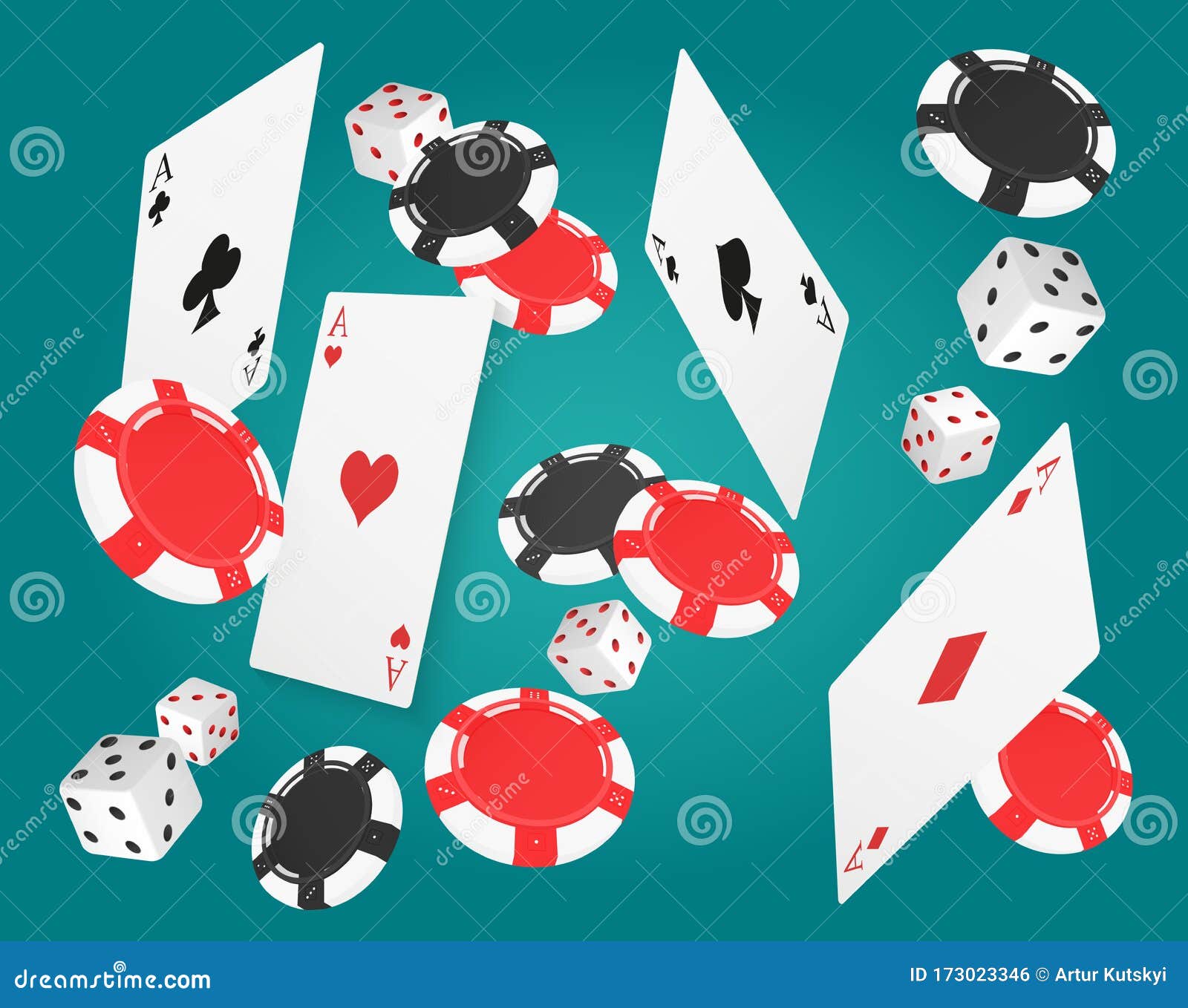 Falling Aces Cards with Red and Black Chips and Different Dice on Blue ...