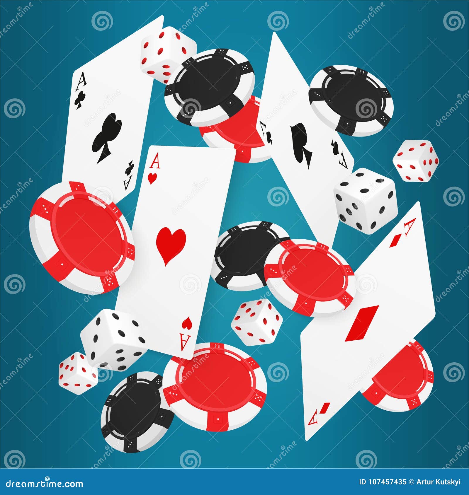 Falling Aces Cards with Red and Black Chips and Different Dice on Blue ...