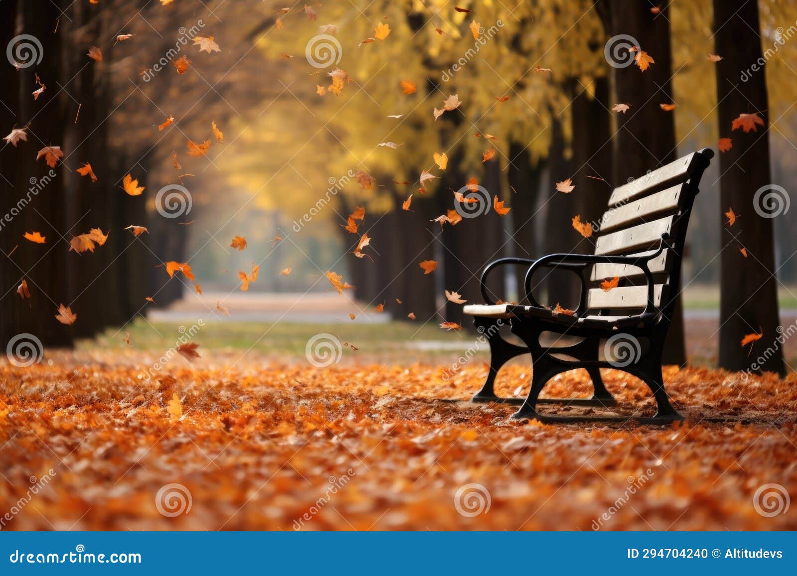 Falling Autumn Leaves on an Empty Park Bench Stock Photo - Image of ...