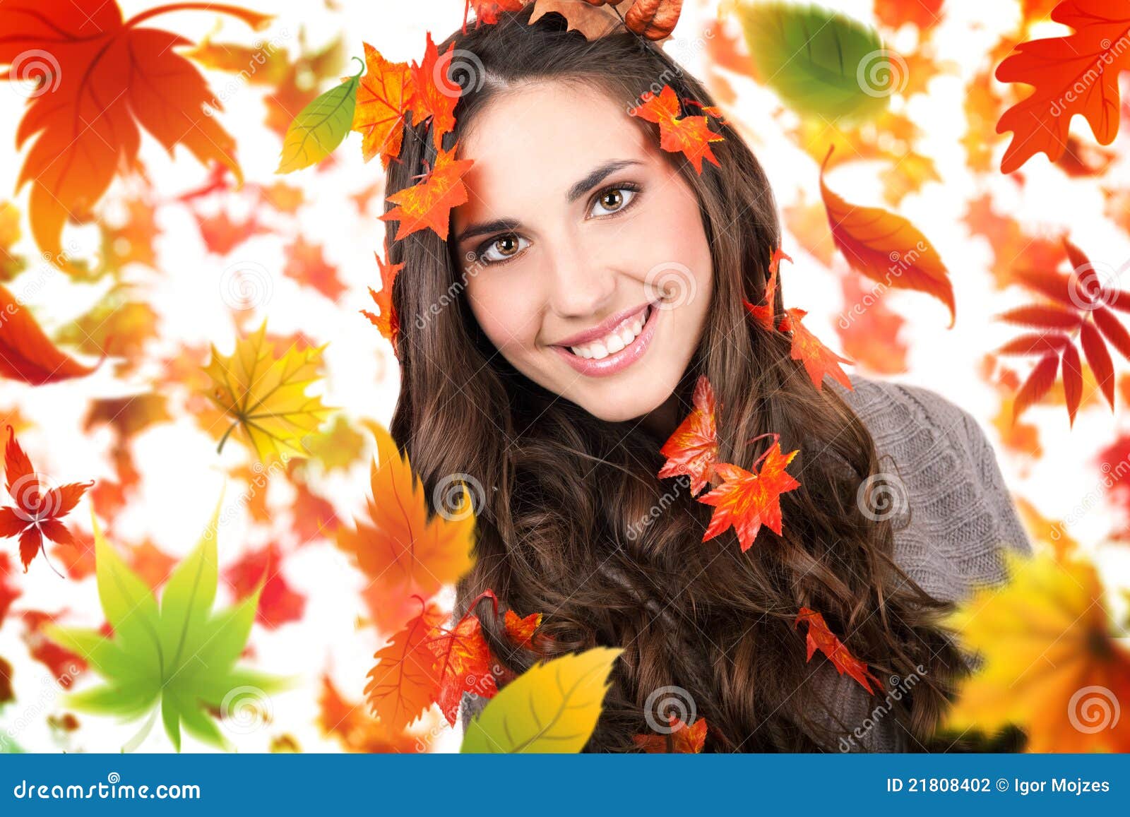 Falling Autumn Leaves and Smiling Woman Stock Photo - Image of colorful ...