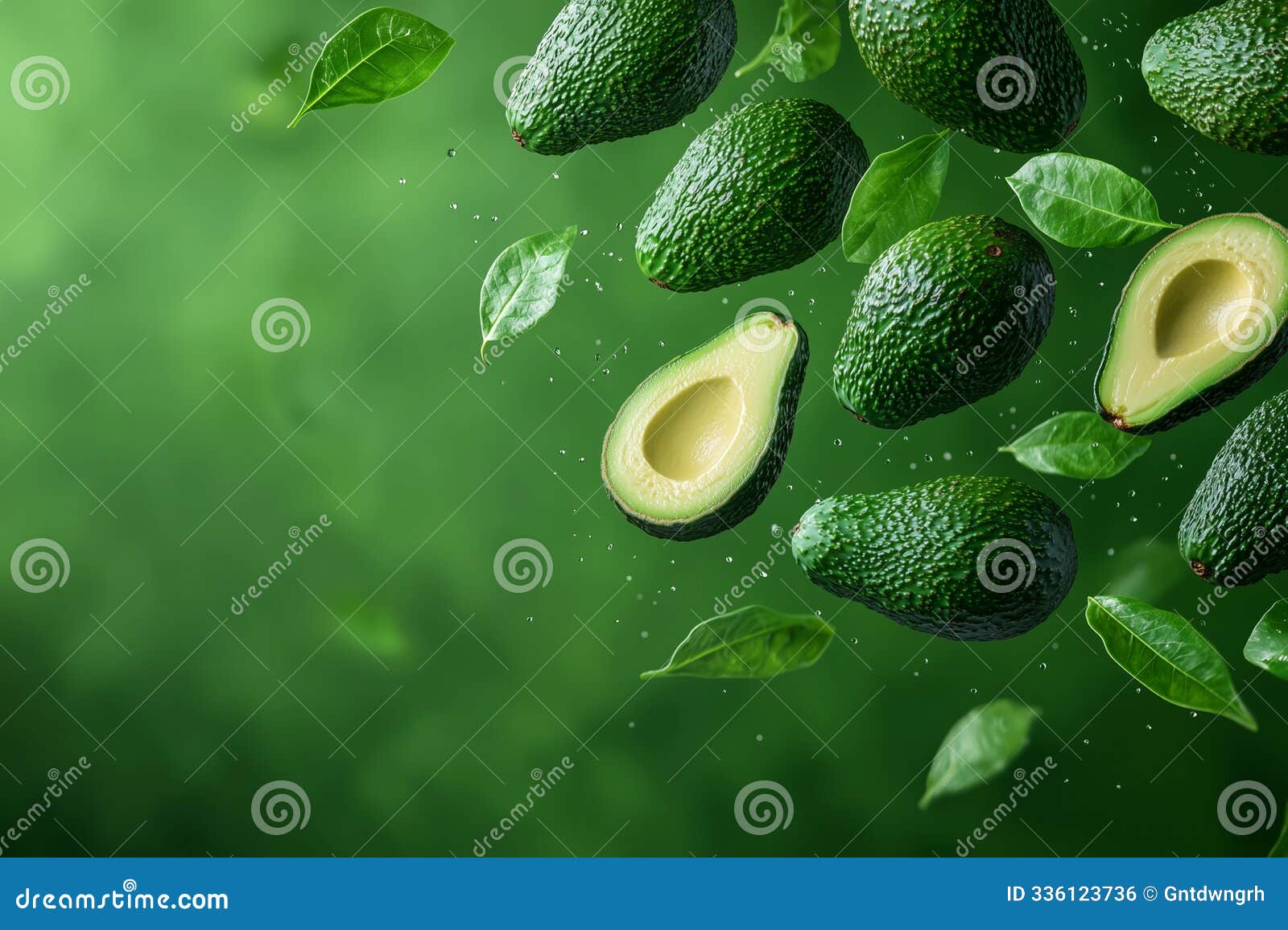 Falling Avocados in Green Background, Flying Avocado Slice in Action ...