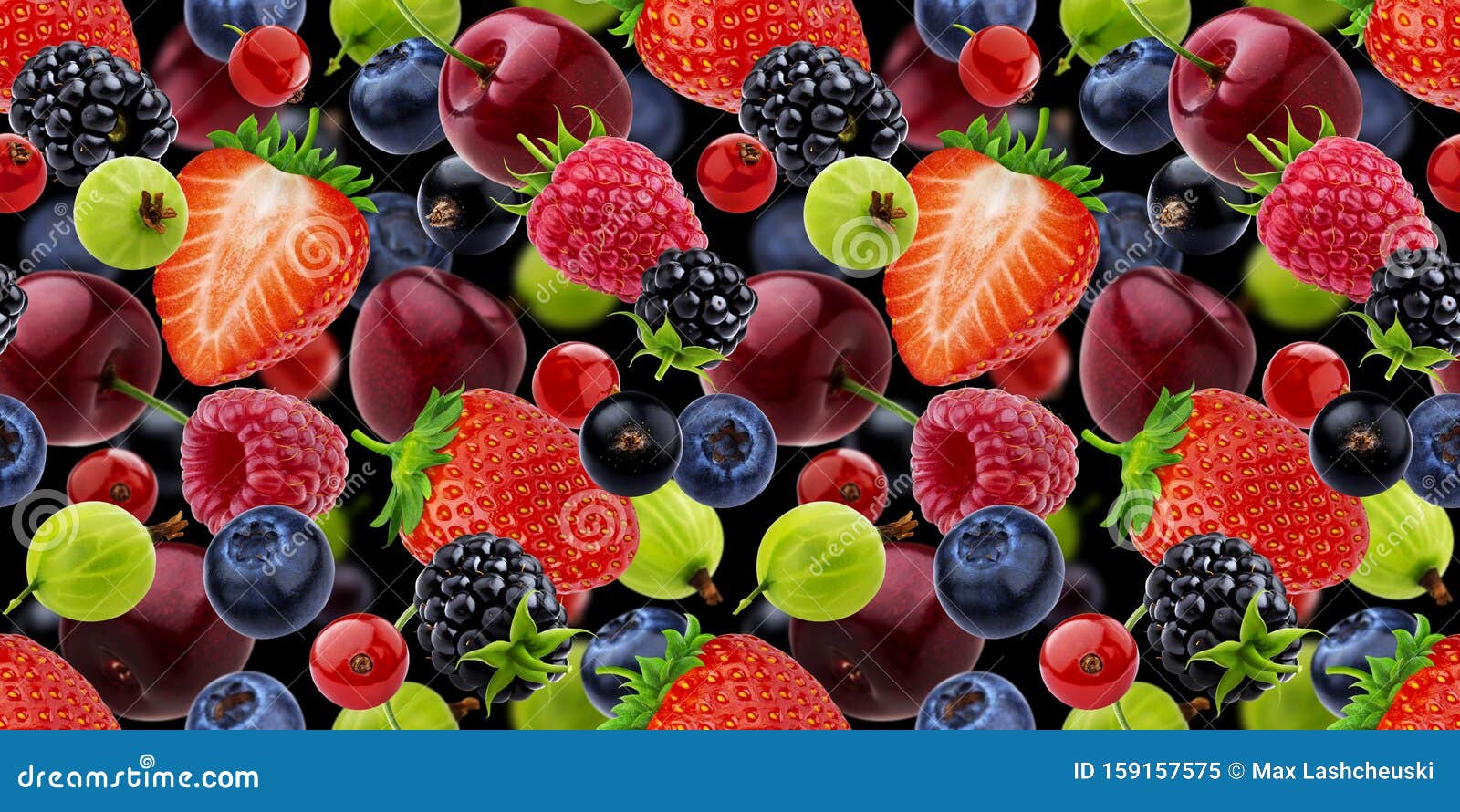 Falling Berries Seamless Pattern Isolated on Black Background Stock ...