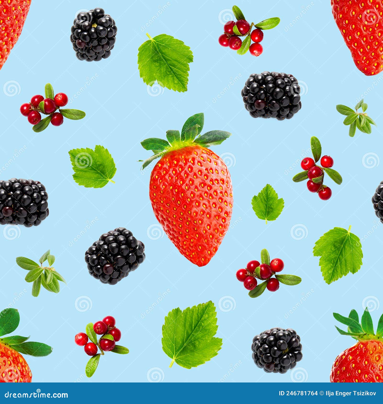 Falling Berries Seamless Pattern Isolated on Blue Background, Different ...