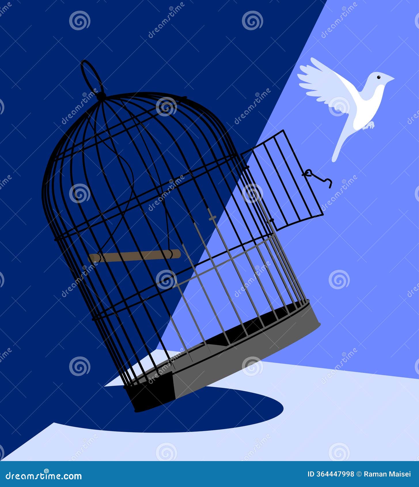 Fallen Birdcage And A Black Bird Flying Away Isolated On White Cartoon ...