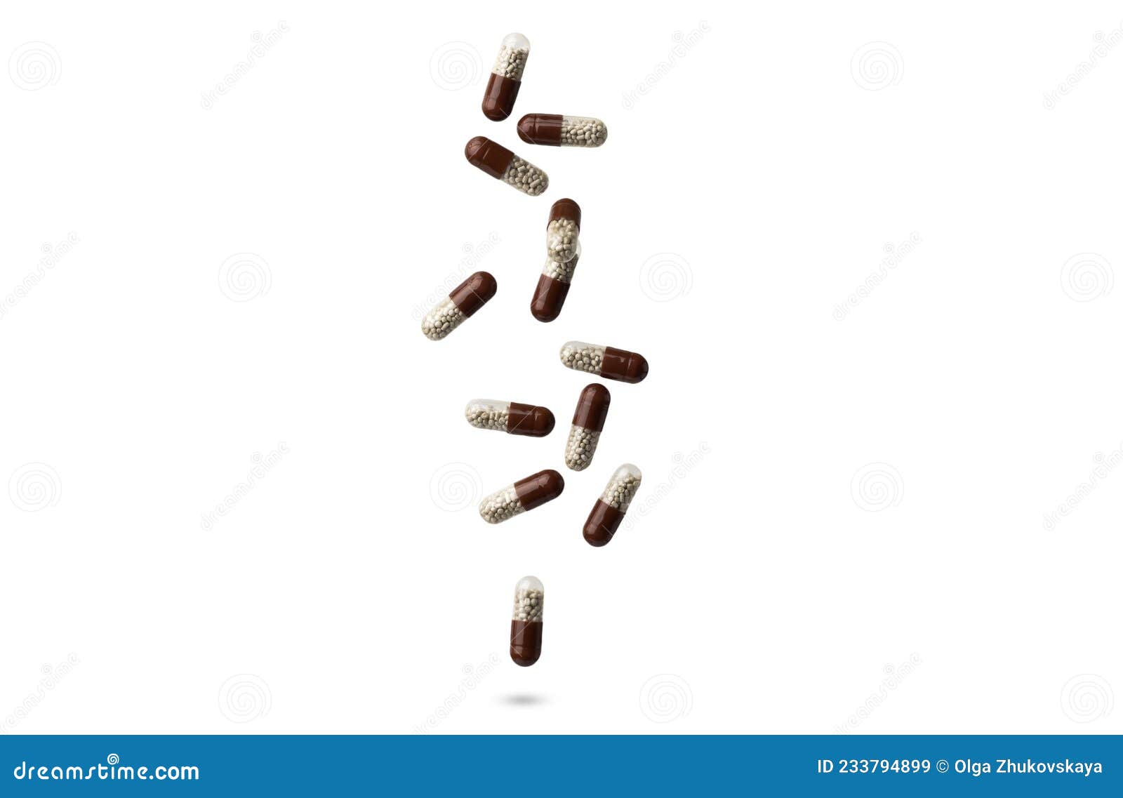 Falling Brown Medication Capsules Isolated on White Background Stock ...