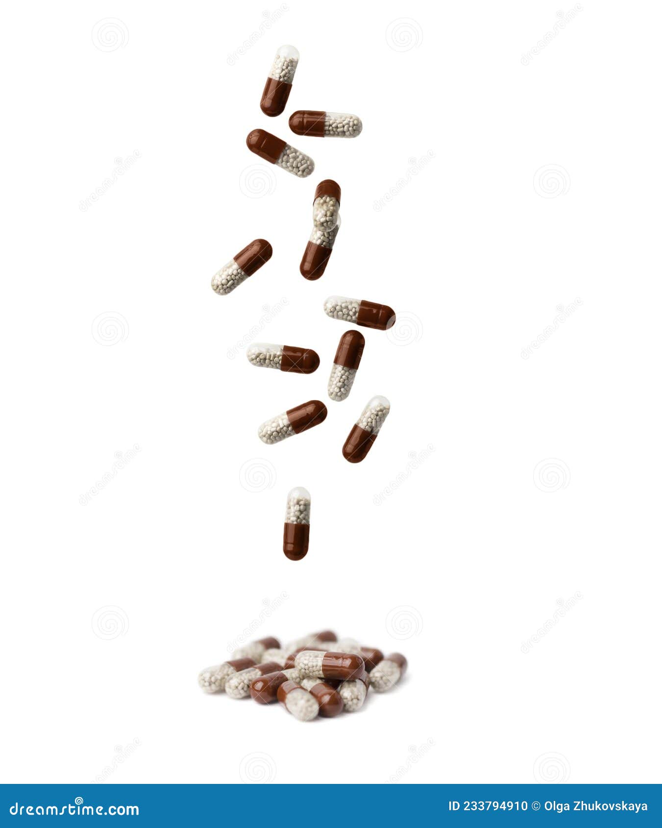 Falling Brown Medication Capsules Isolated on White Background Stock ...