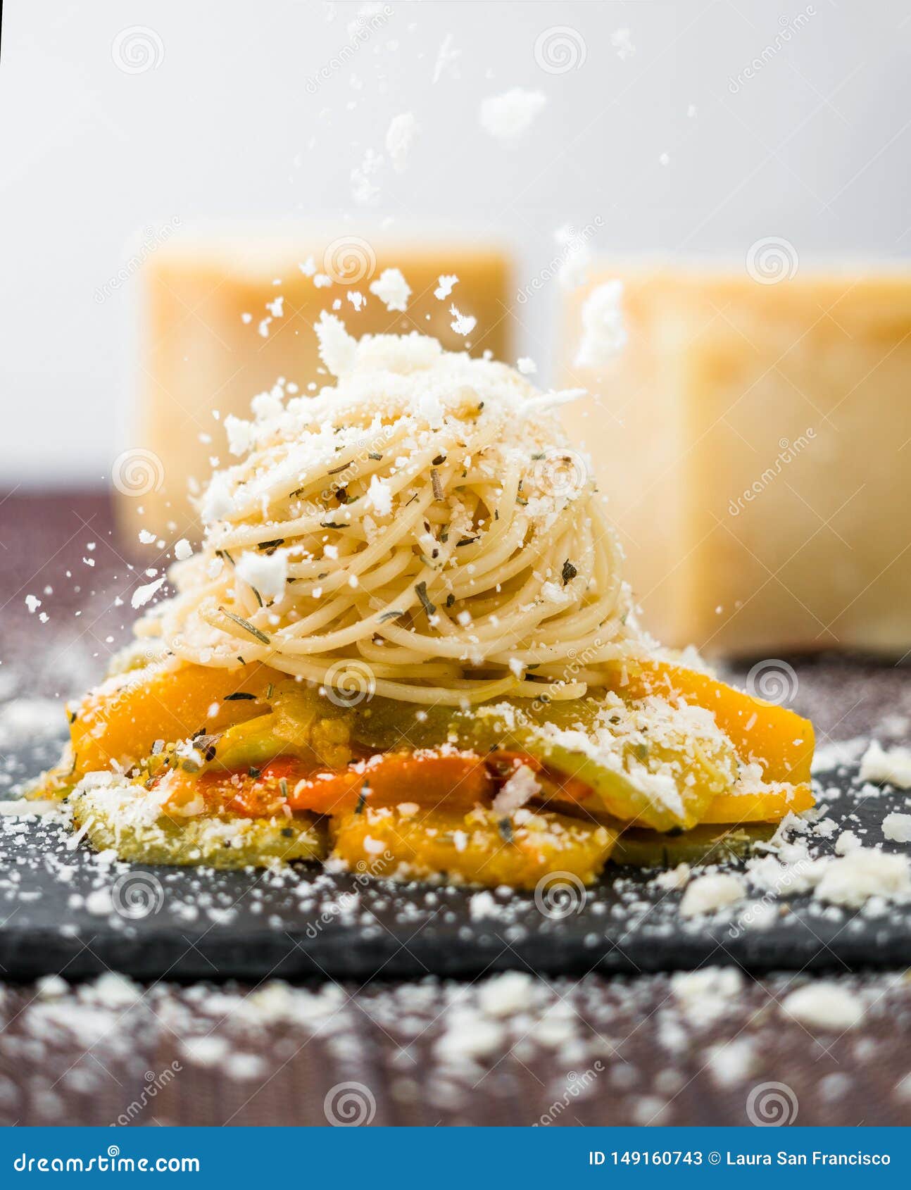 Falling Cheese Over Spaghetti Pasta with Vegetables Stock Image - Image ...