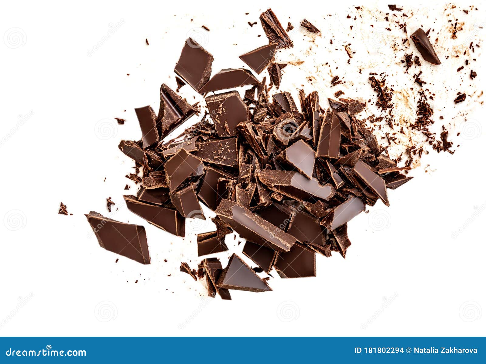 Falling Chocolate Pieces and Shavings Isolated on White Background ...