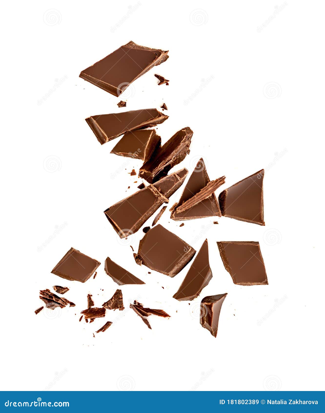 Falling Chocolate Pieces and Shavings Isolated on White Background ...