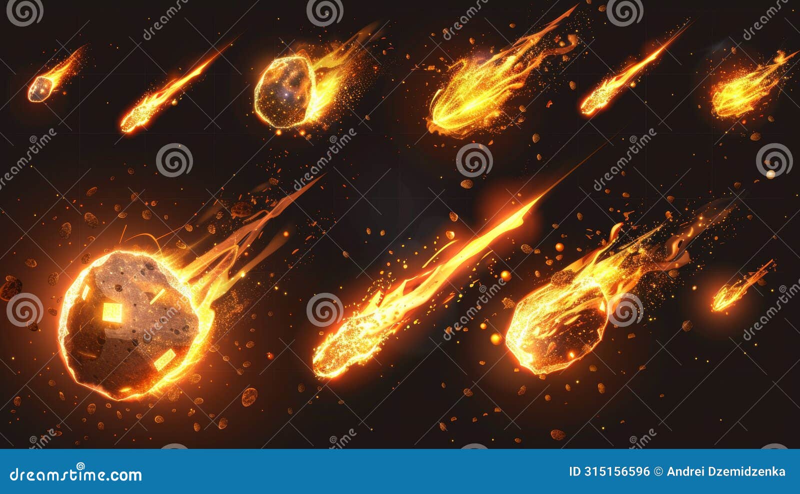 Falling Comets, Asteroids or Meteors with Flame Trails Isolated on ...