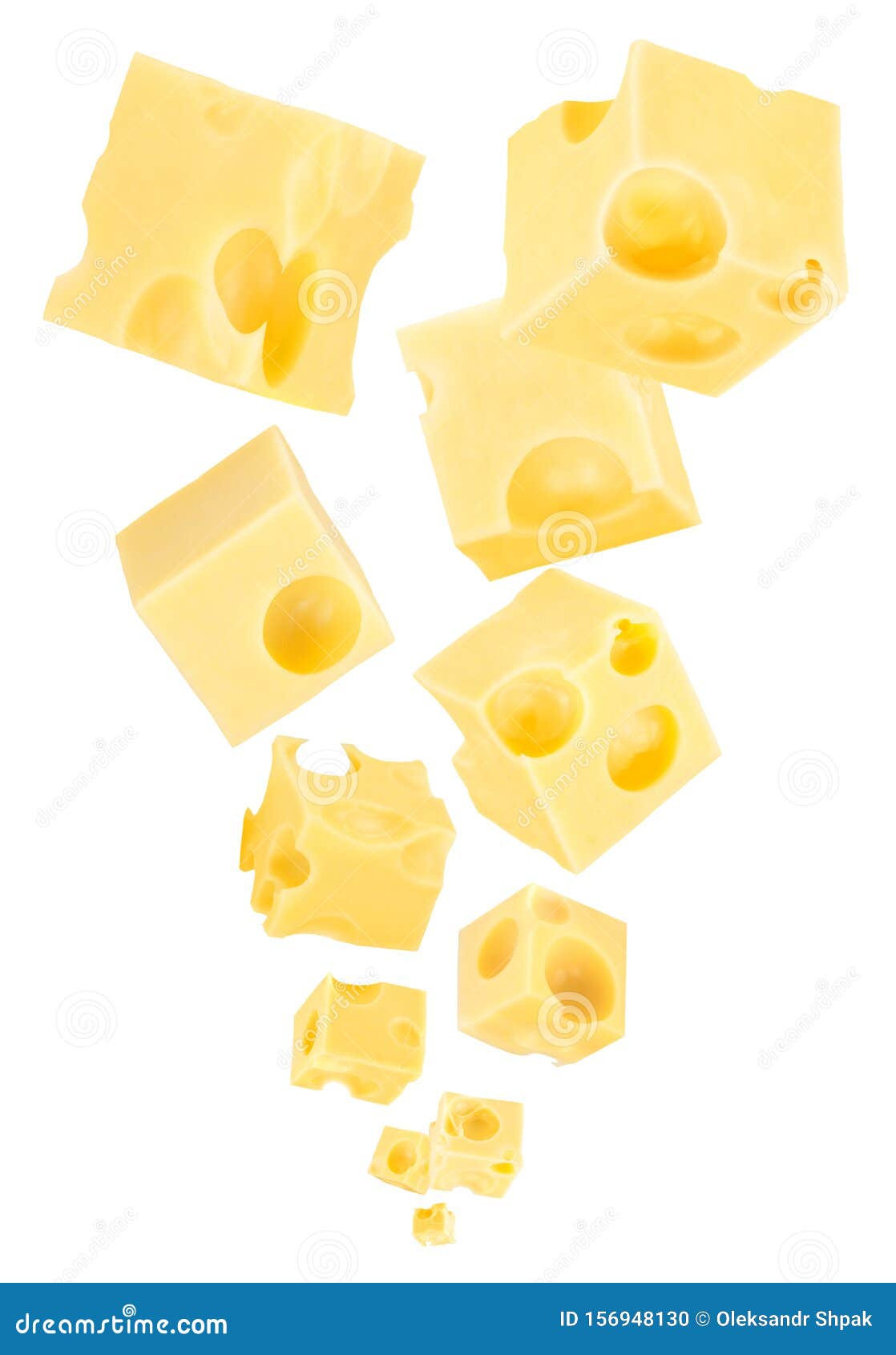 Falling Cubes of Cheese Isolated on White Stock Photo - Image of hole ...