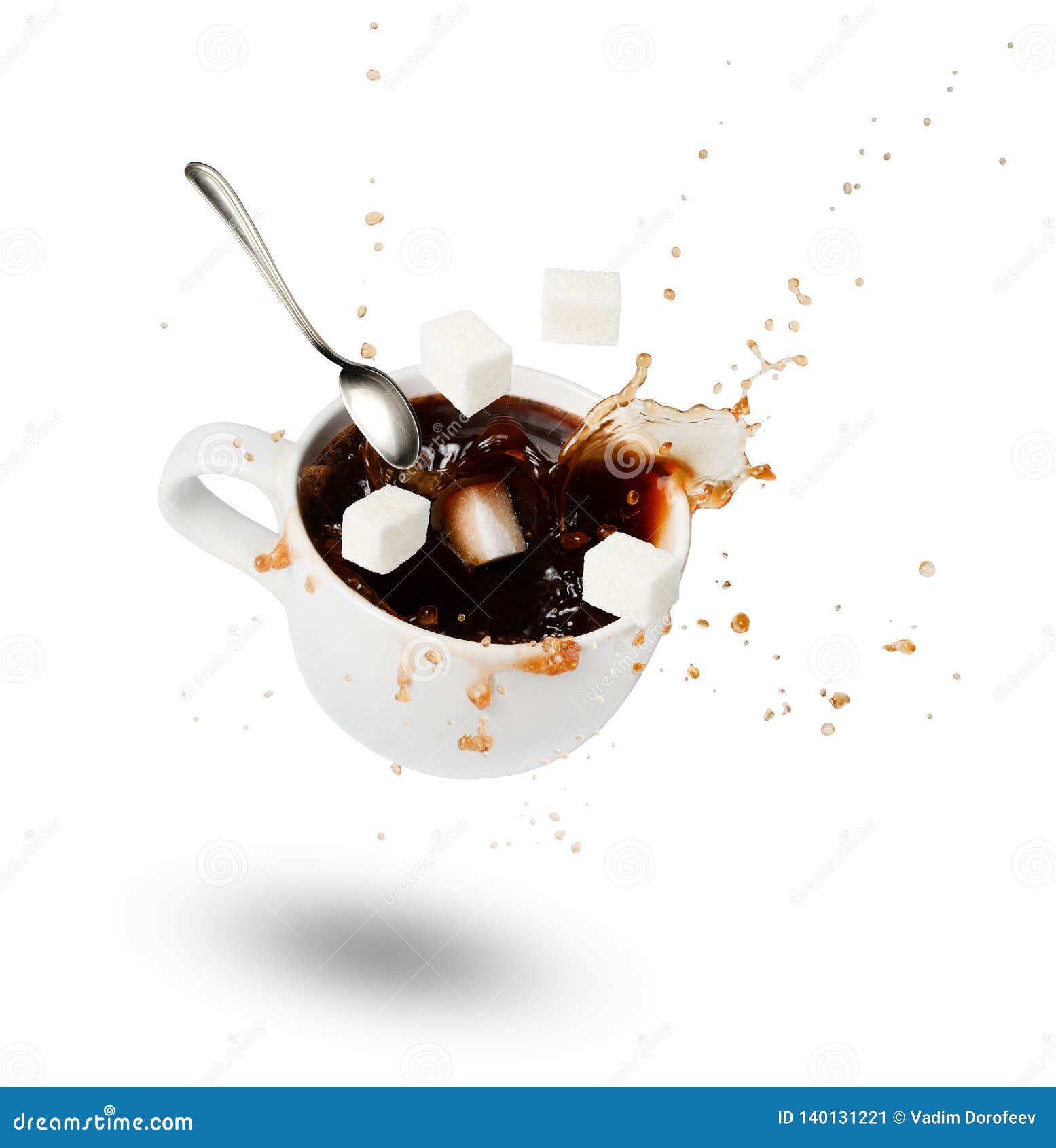 A Falling Cup of Coffee, Sugar Cubes and a Spoon. Bursts and Drops ...