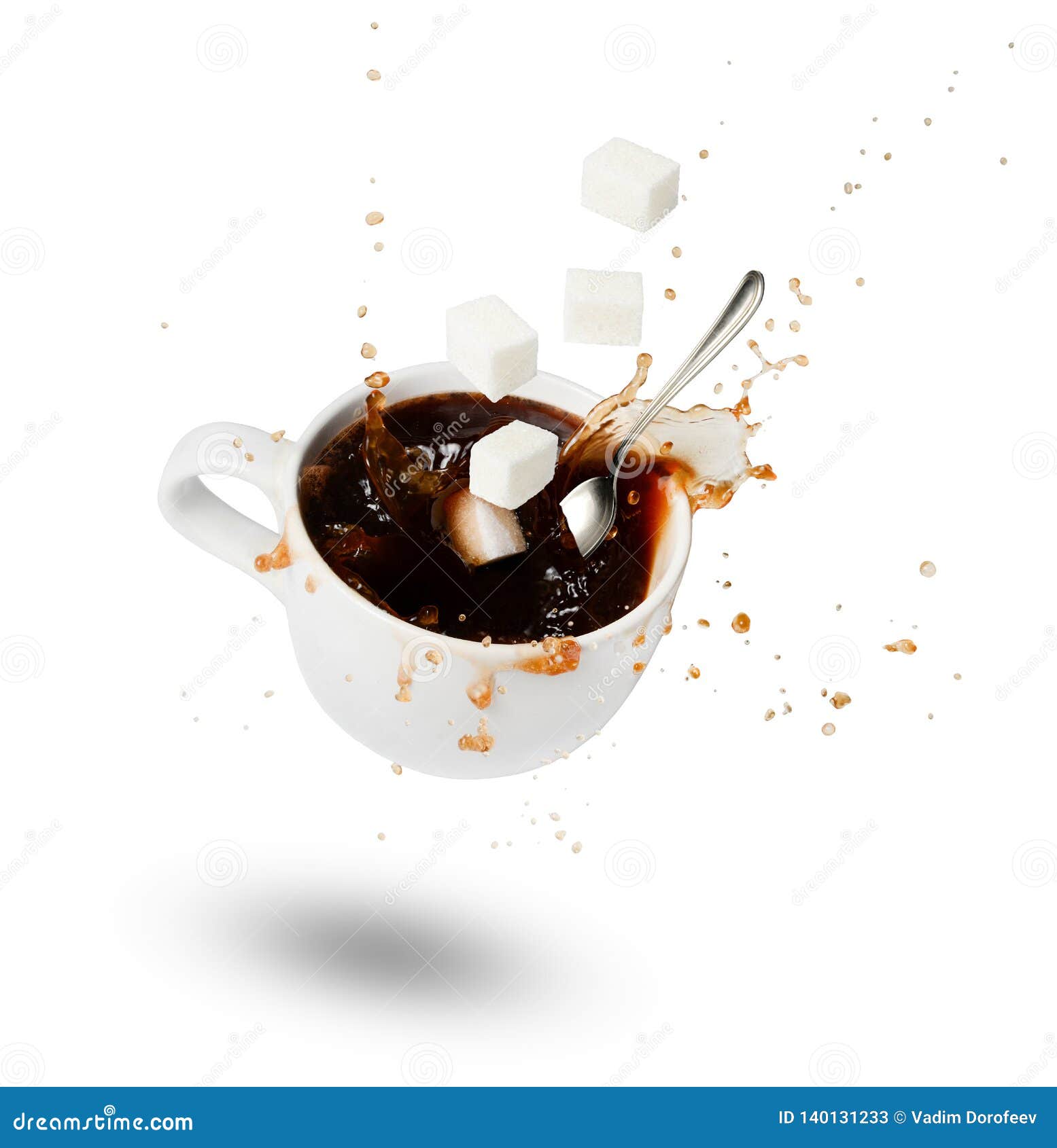 A Falling Cup of Coffee, Sugar Cubes and a Spoon. Bursts and Drops ...