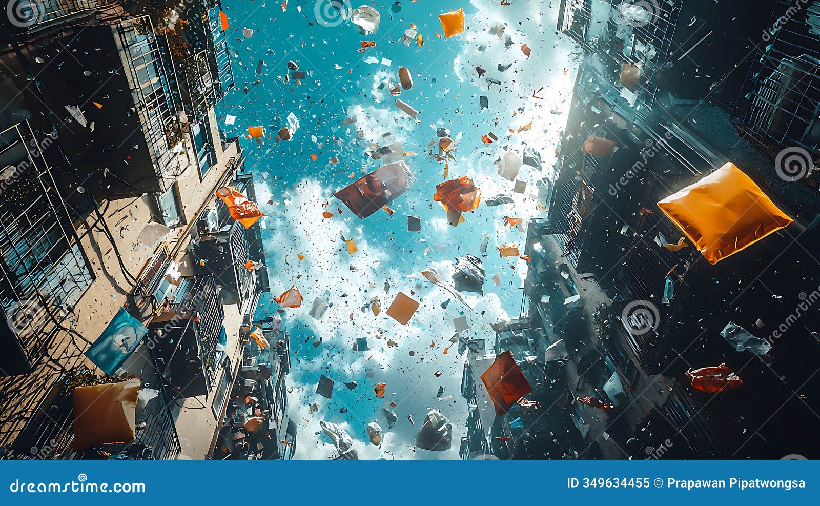 Falling Debris and Microplastics Create Surreal Urban Scene Stock ...