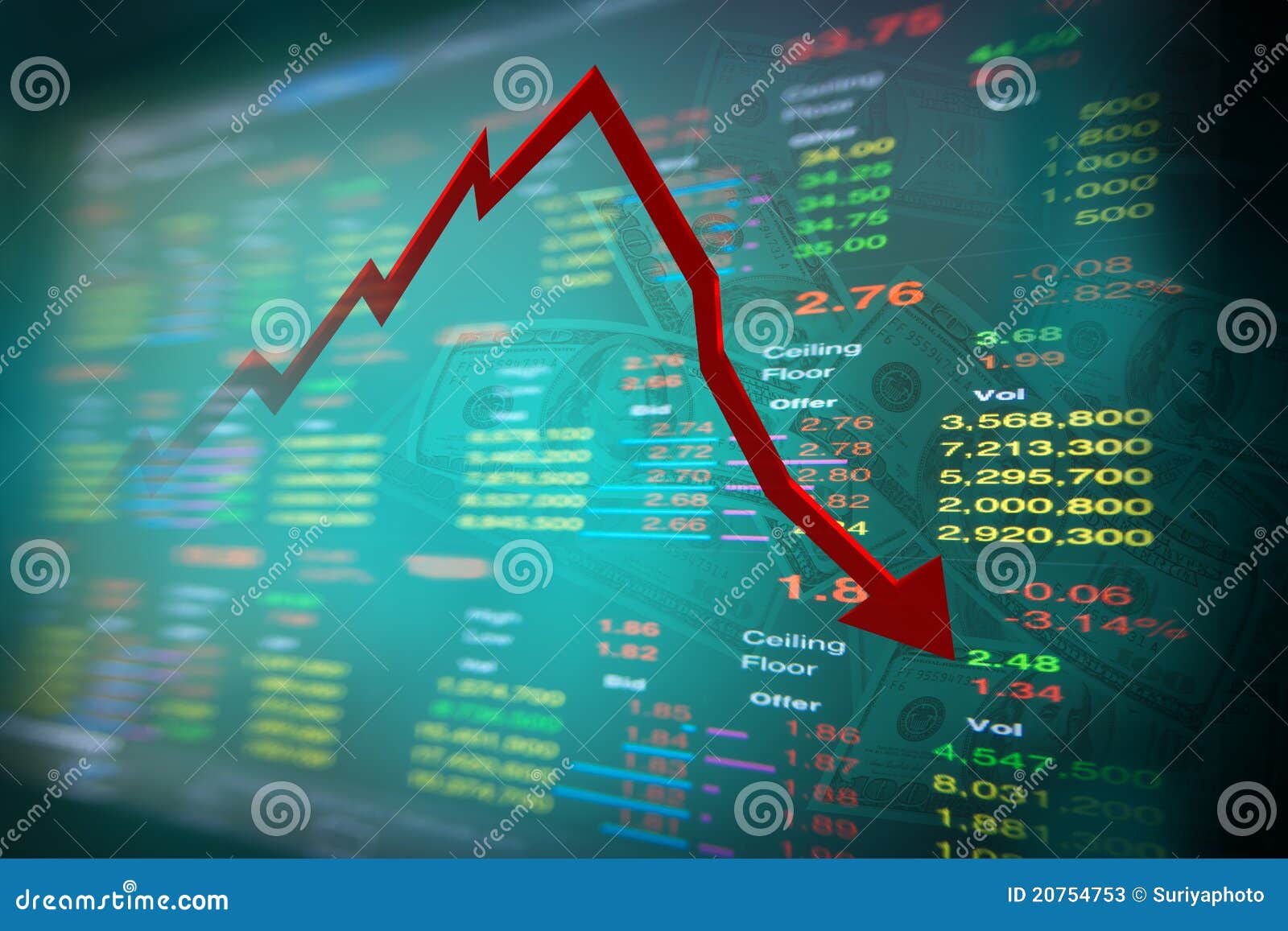 Falling Dollar Note and Graph of Stock Market Stock Image - Image of ...