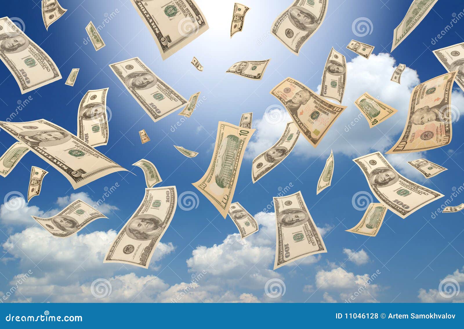 Falling Dollars (sunny Sky Background) Stock Photo - Image of concepts ...