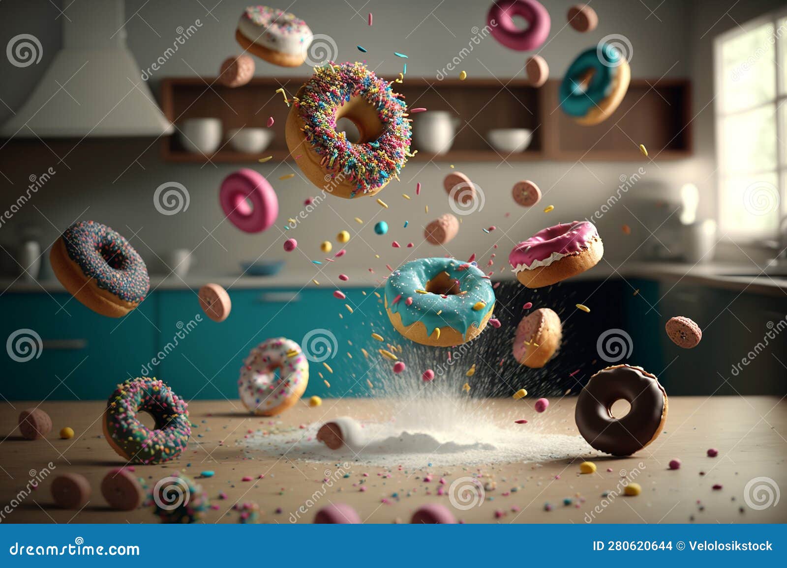 Falling Donuts. Generative AI. Donuts are Flying in the Kitchen. Mess ...
