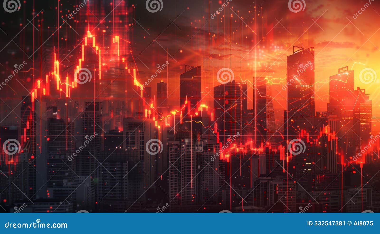 Falling Down Charts Against Downtown Silhouette Background Image, Ai ...