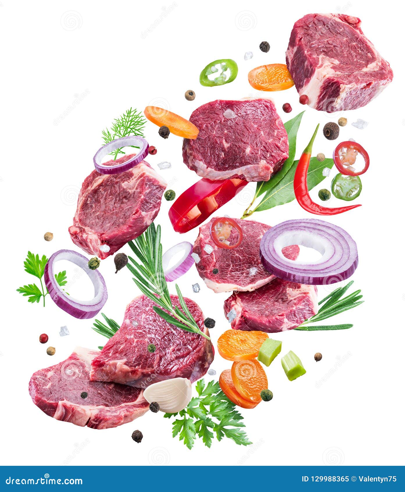 Falling Down Meat Steaks and Spices. Flying Motion Effect of Coo Stock ...