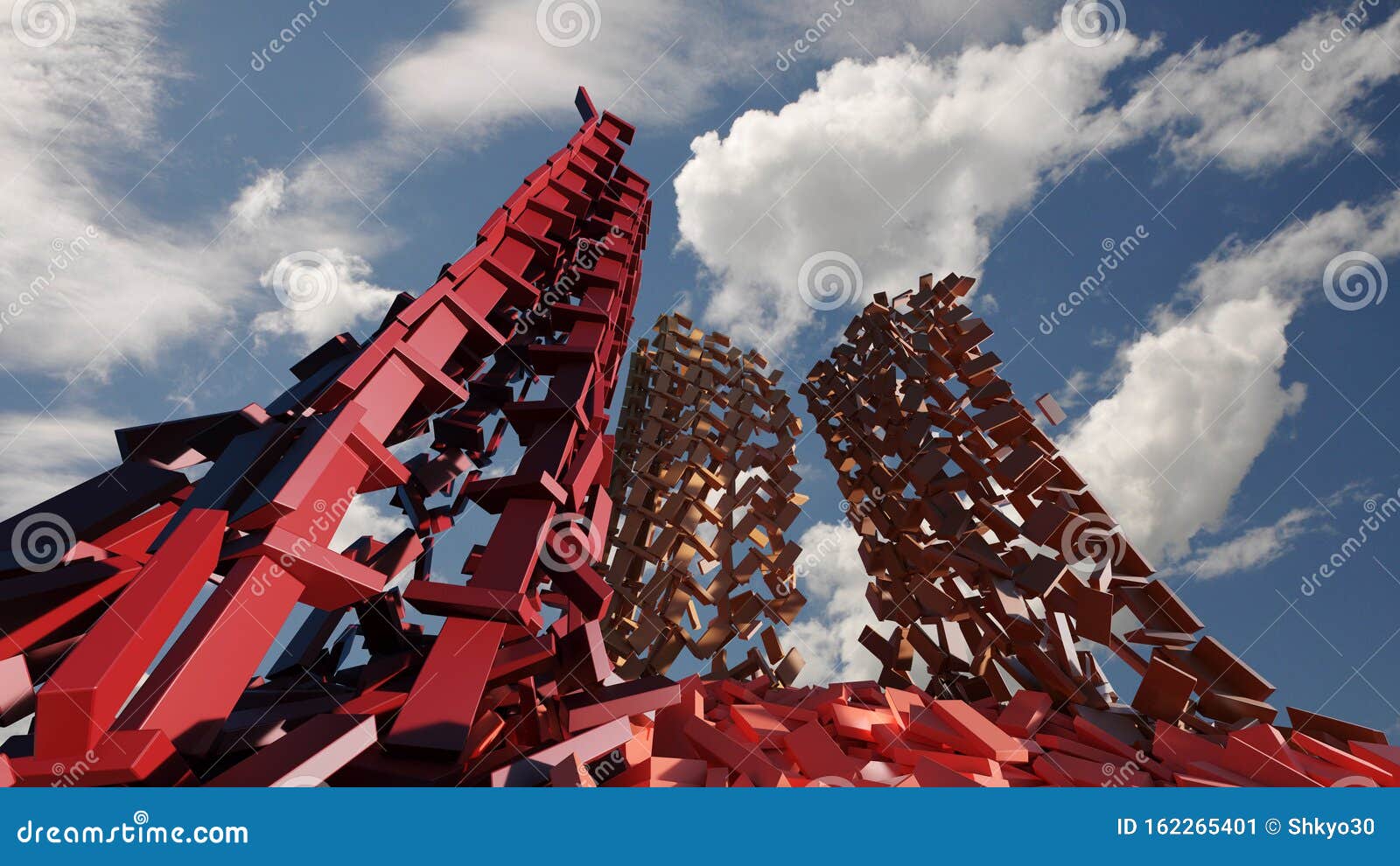 During Falling Down of Three Buildings of Many Blocks with a Blue Sky ...